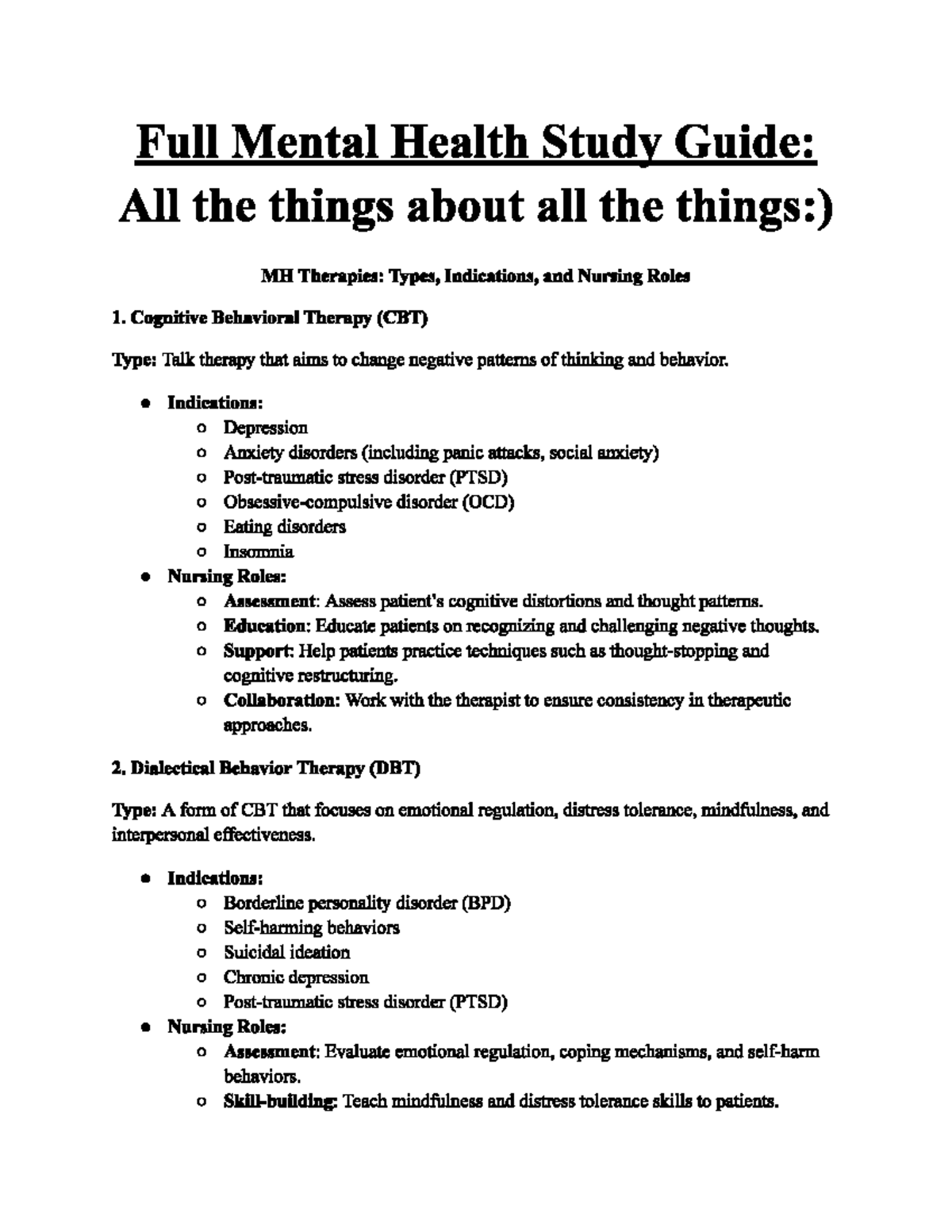 Mental Health Study Guide: Therapies, Nursing Roles & Interventions (MH ...