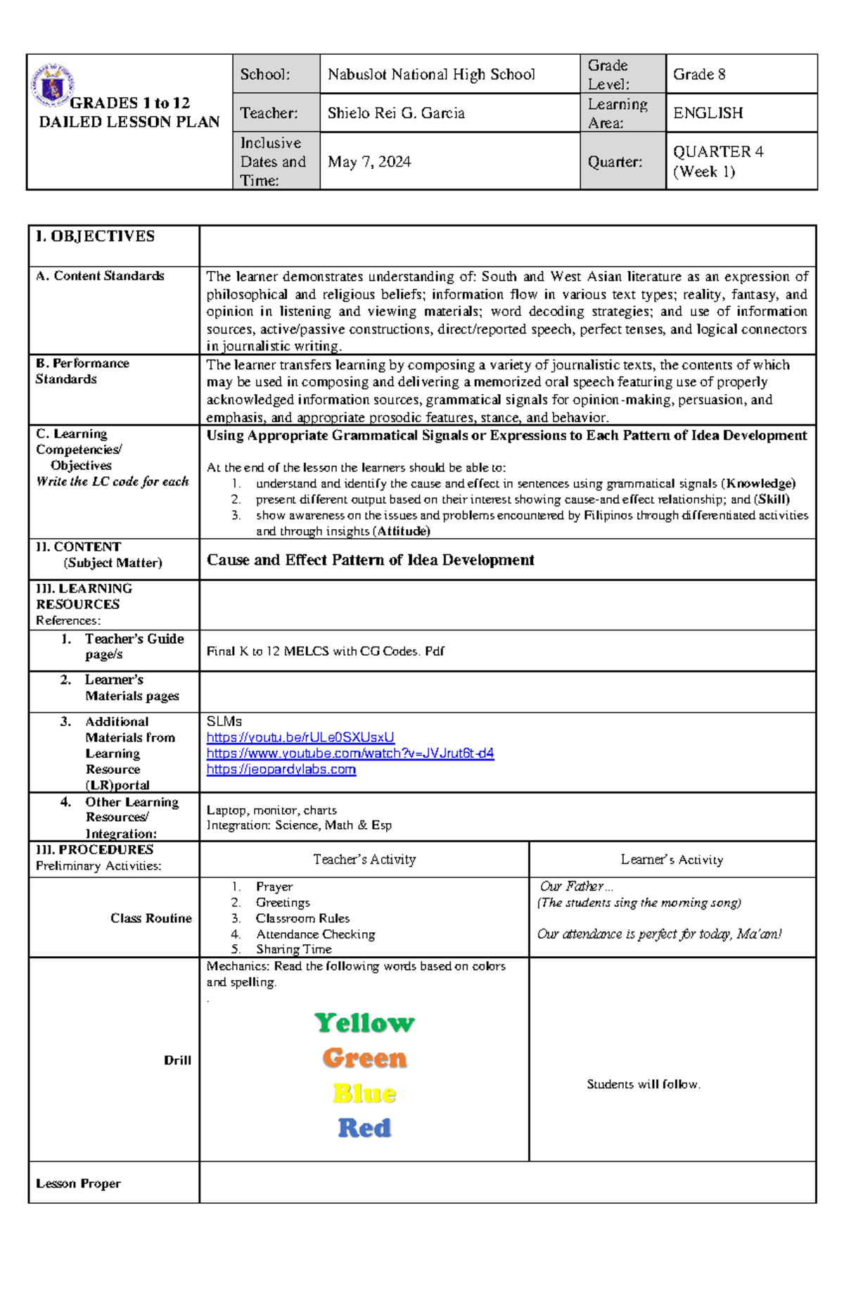 DLP Grade 8 English Q4 Week 1: Cause and Effect Patterns - Studocu