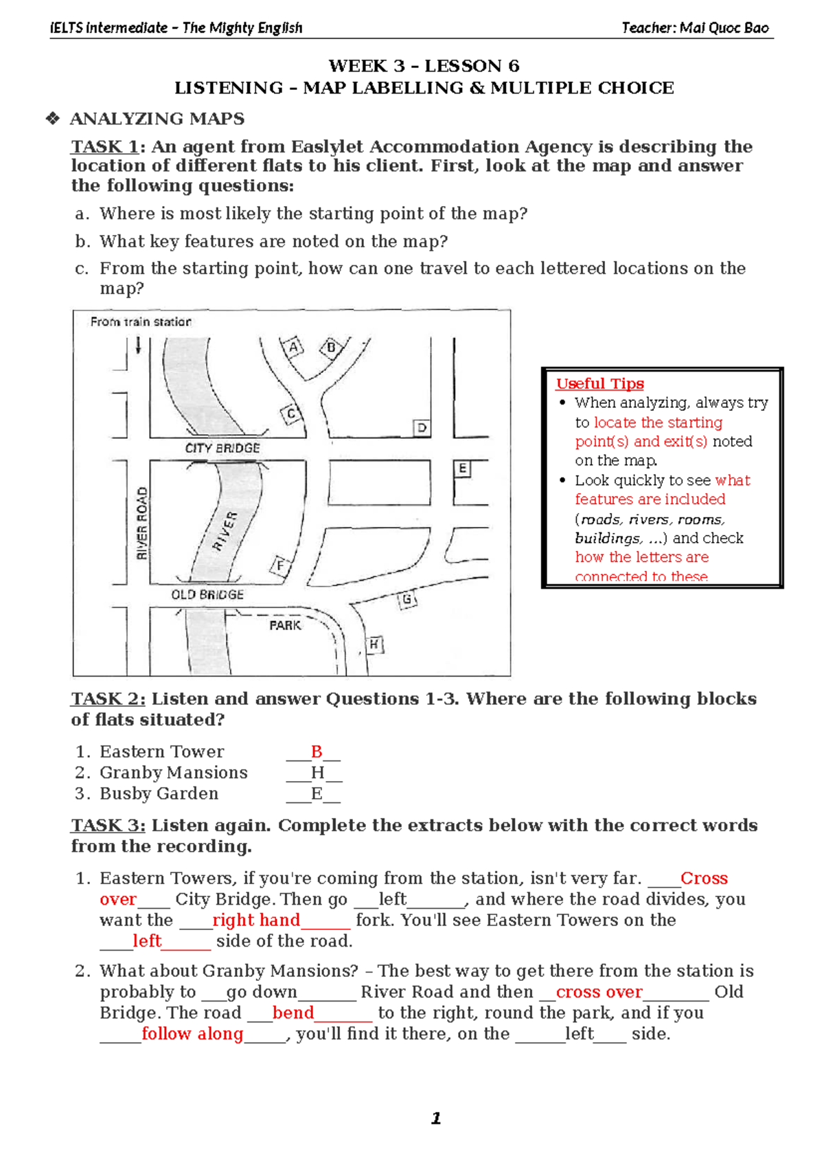 IELTS Intermediate Lesson 6: Listening & Map Labelling Activities - Studocu