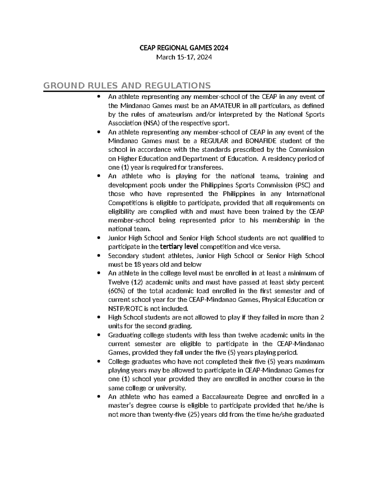 Ground Rules AND Regulations - CEAP REGIONAL GAMES 2024 March 15-17 ...