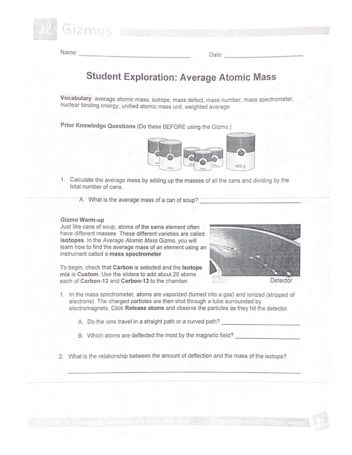 Average Atomic Mass Gizmo - Name: Date: Student Exploration: Average ...