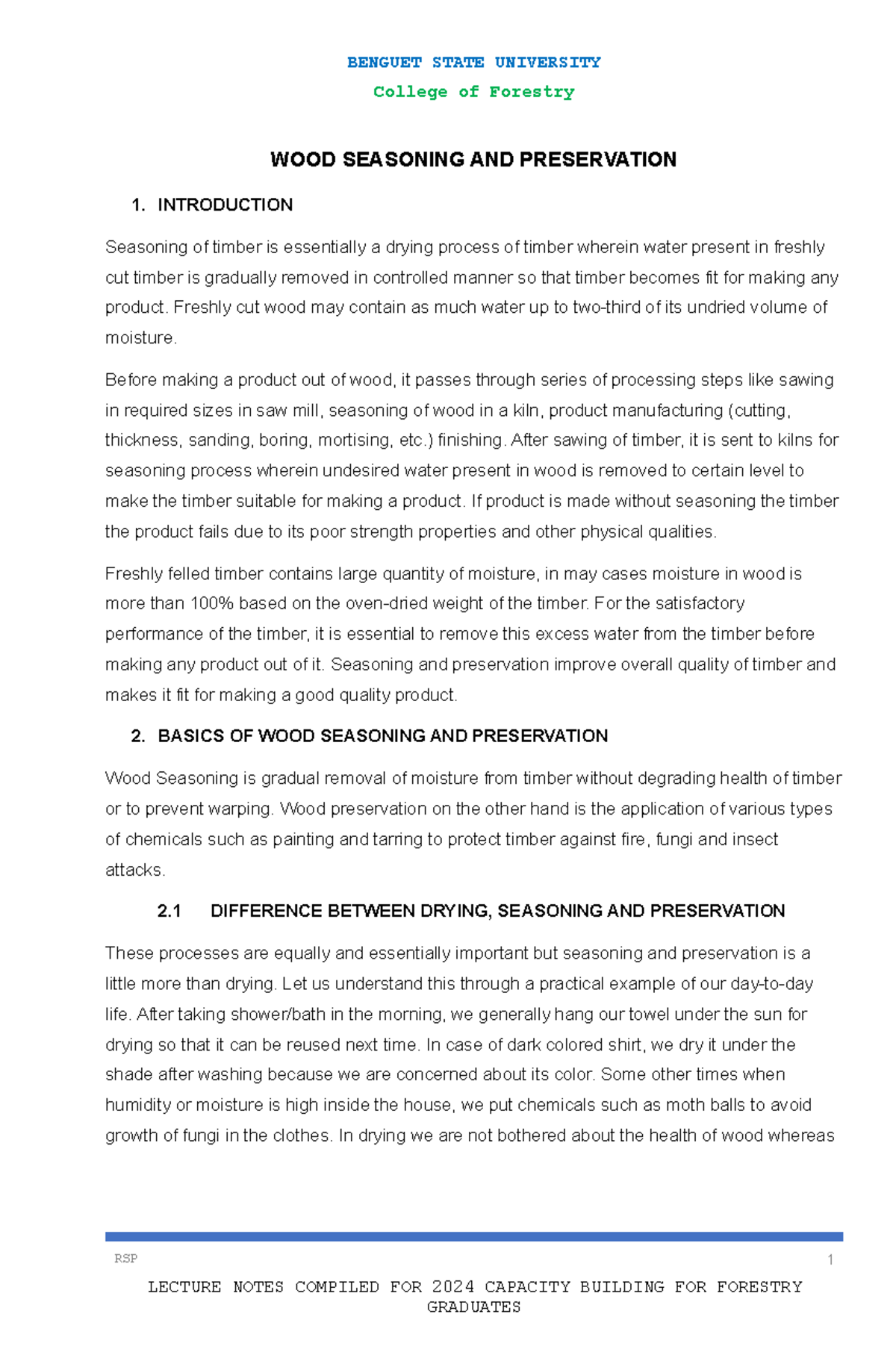 FPU 193 Lecture Notes: Wood Seasoning and Preservation for Forestry ...