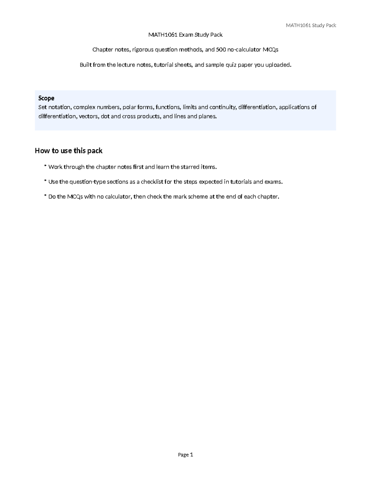 MATH1061 Exam Study Pack: Comprehensive Chapter Notes & 500 MCQs - Studocu