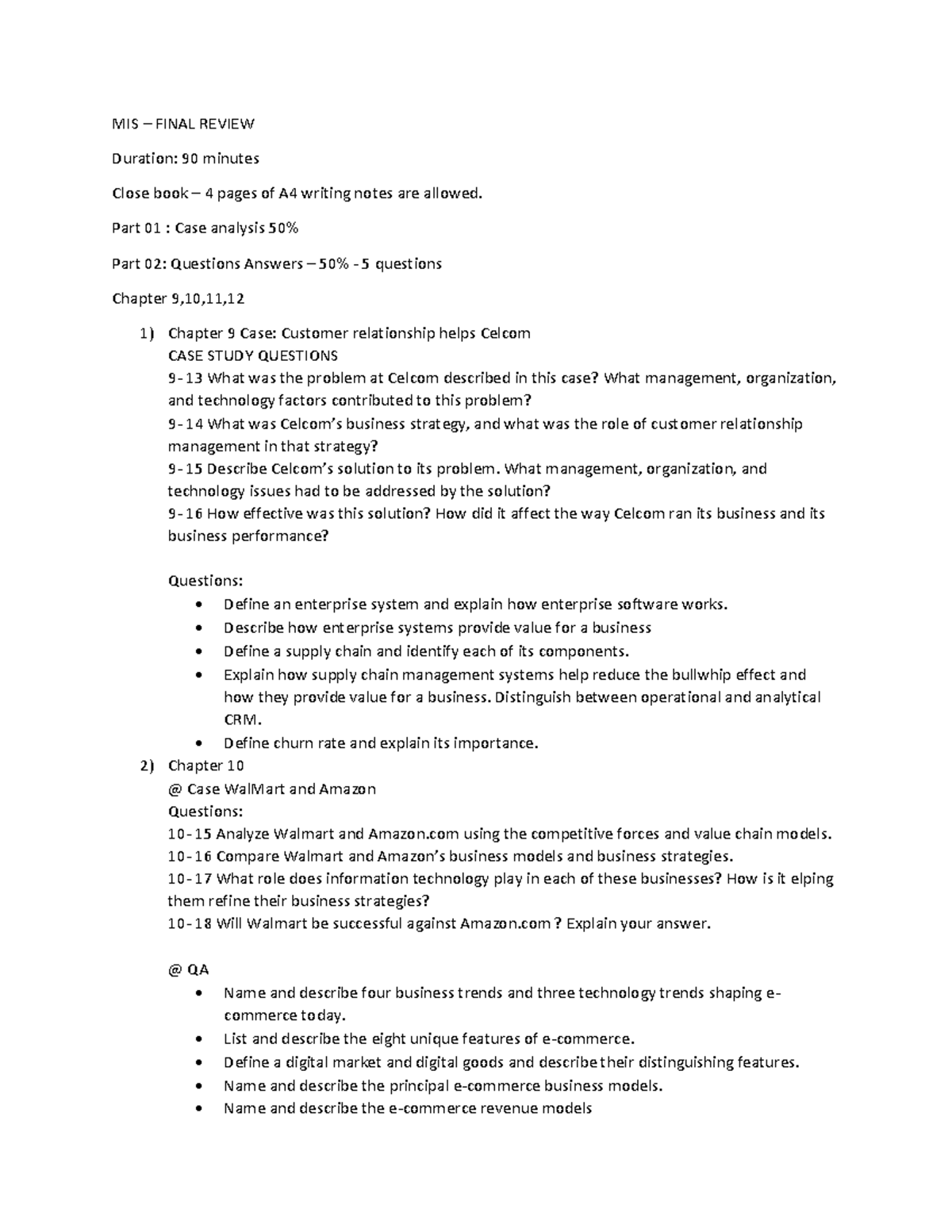 MIS 101 FINAL EXAM REVIEW: Case Studies & Key Concepts from Chapters 9 ...