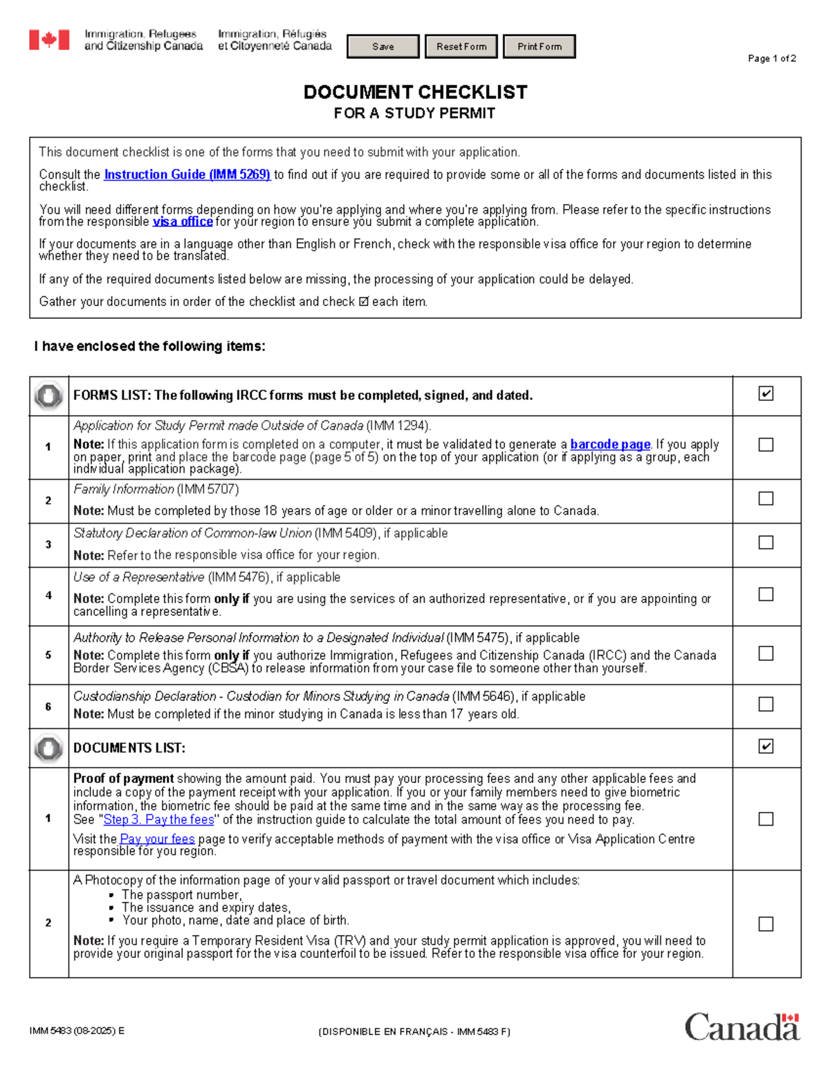 Document Checklist for Study Permit IMM 5483 - Studocu