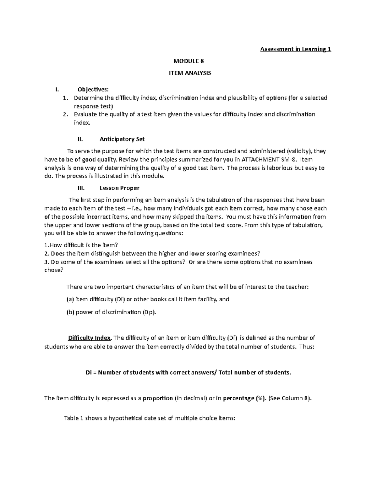 Assessment in Learning 1 - Module 8: Item Analysis Guide - Studocu