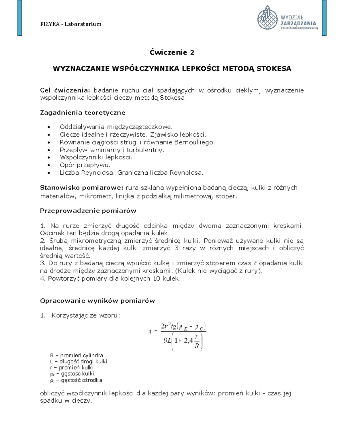 Cw 2 - Wyznaczanie Współczynnika Lepkości Metodą Stokesa - Studocu