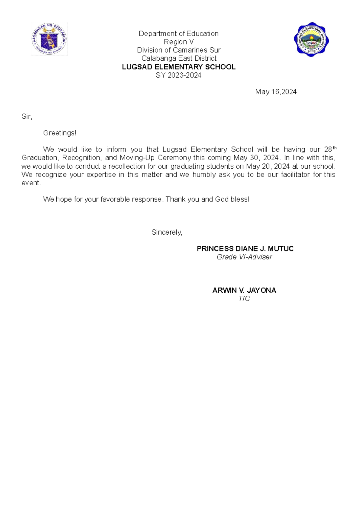Letter for Recollection at Lugsad Elementary School - Studocu