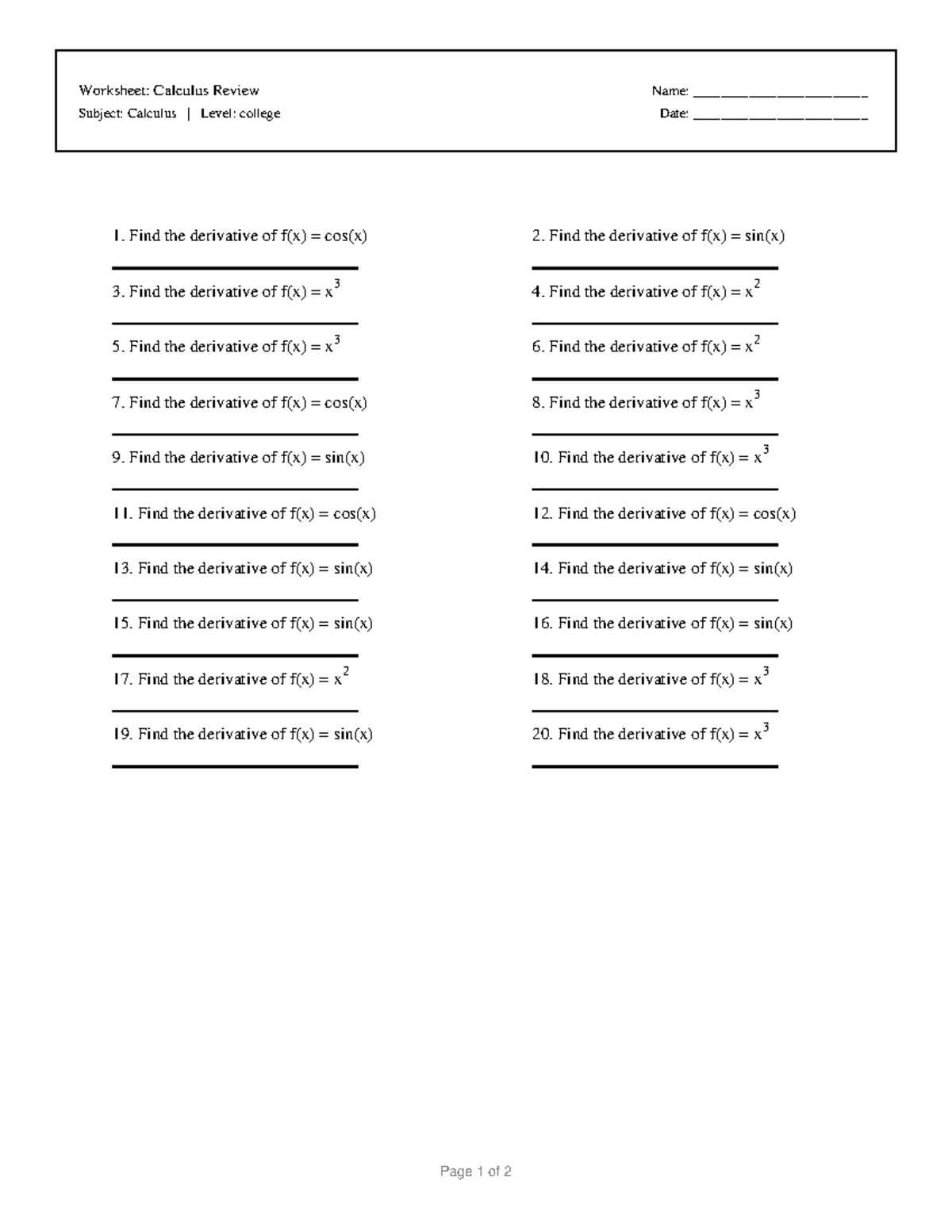 Calculus 101: Derivative Worksheet Review for College - Studocu