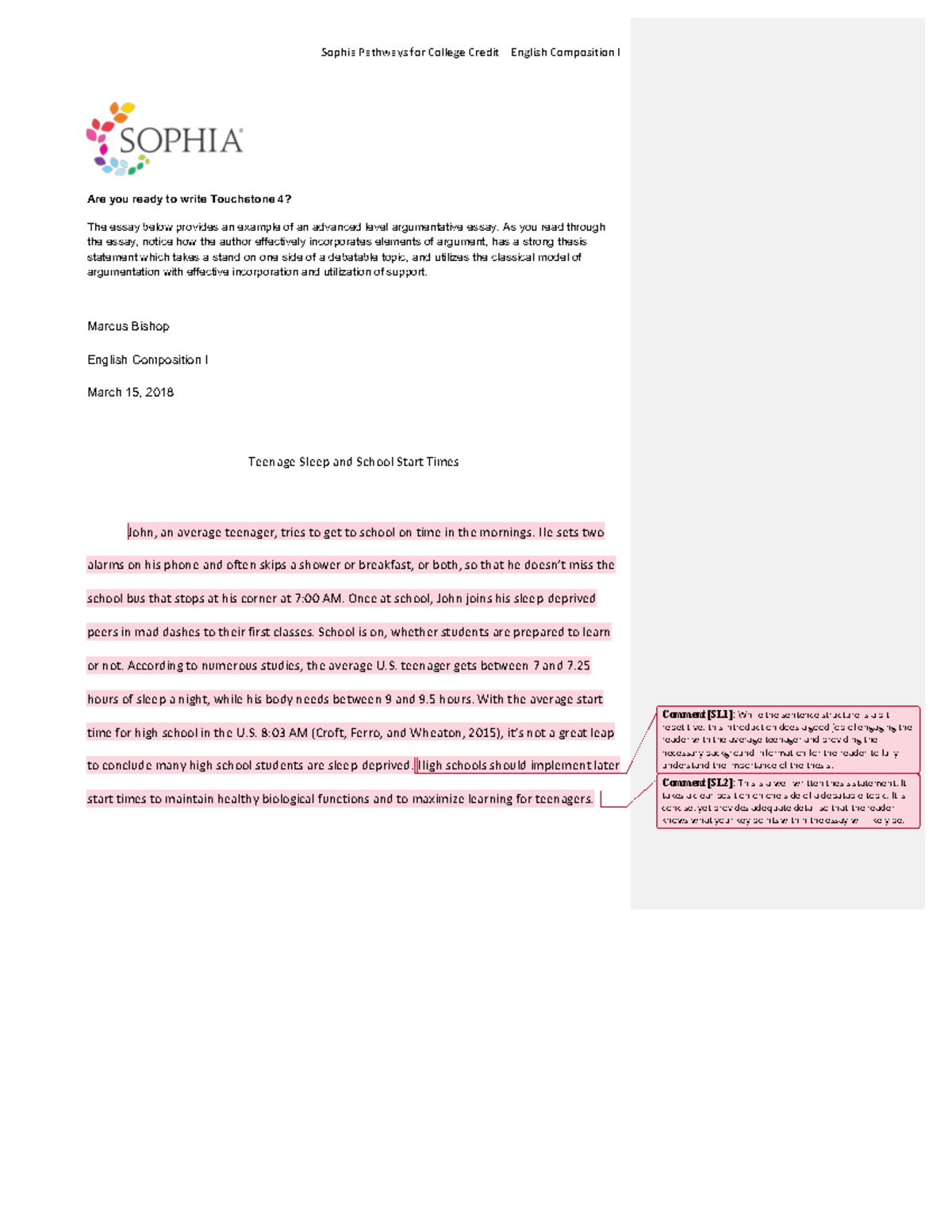 Touchstone 4 Argumentative Essay: The Case for Later School Start Times ...