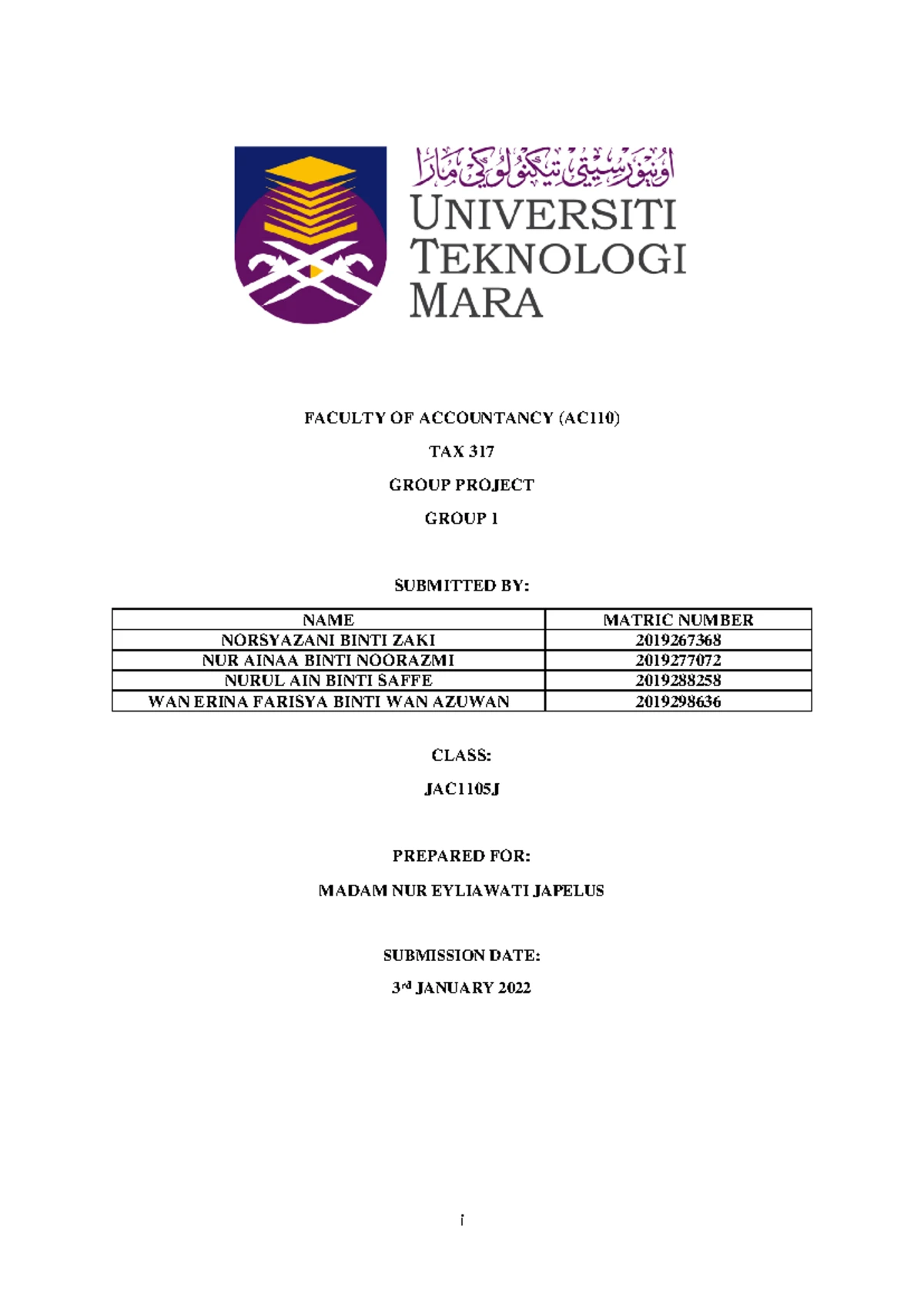 TAX317 Group Project SST - i FACULTY OF ACCOUNTANCY (AC110) TAX 317 ...
