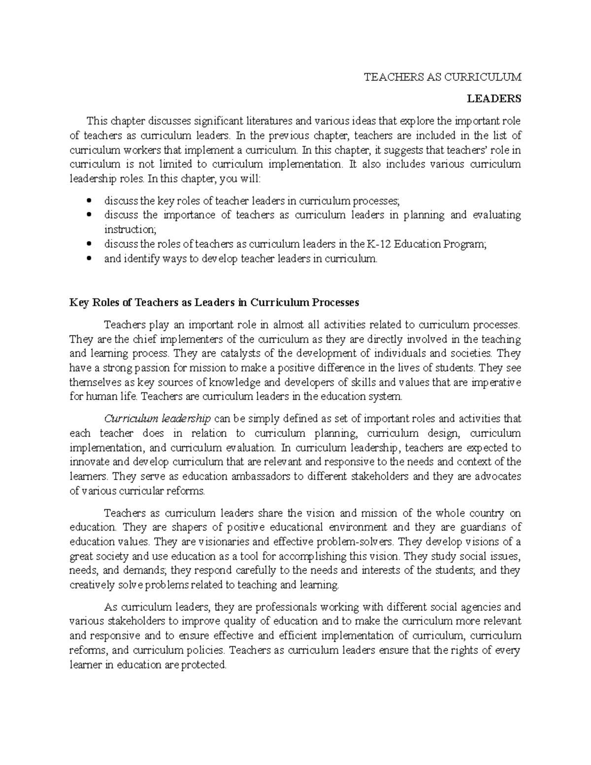 Teachers as Curriculum Leaders: Roles and Development Strategies - Studocu