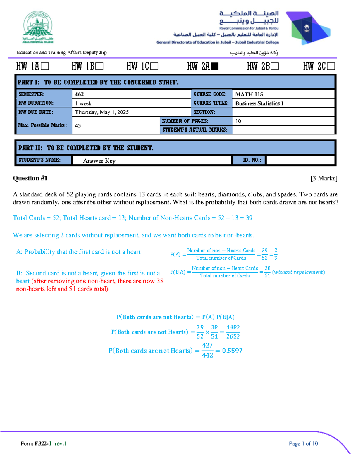 462 MATH 115 HW 2A Answer Key - Business Statistics I - Studocu