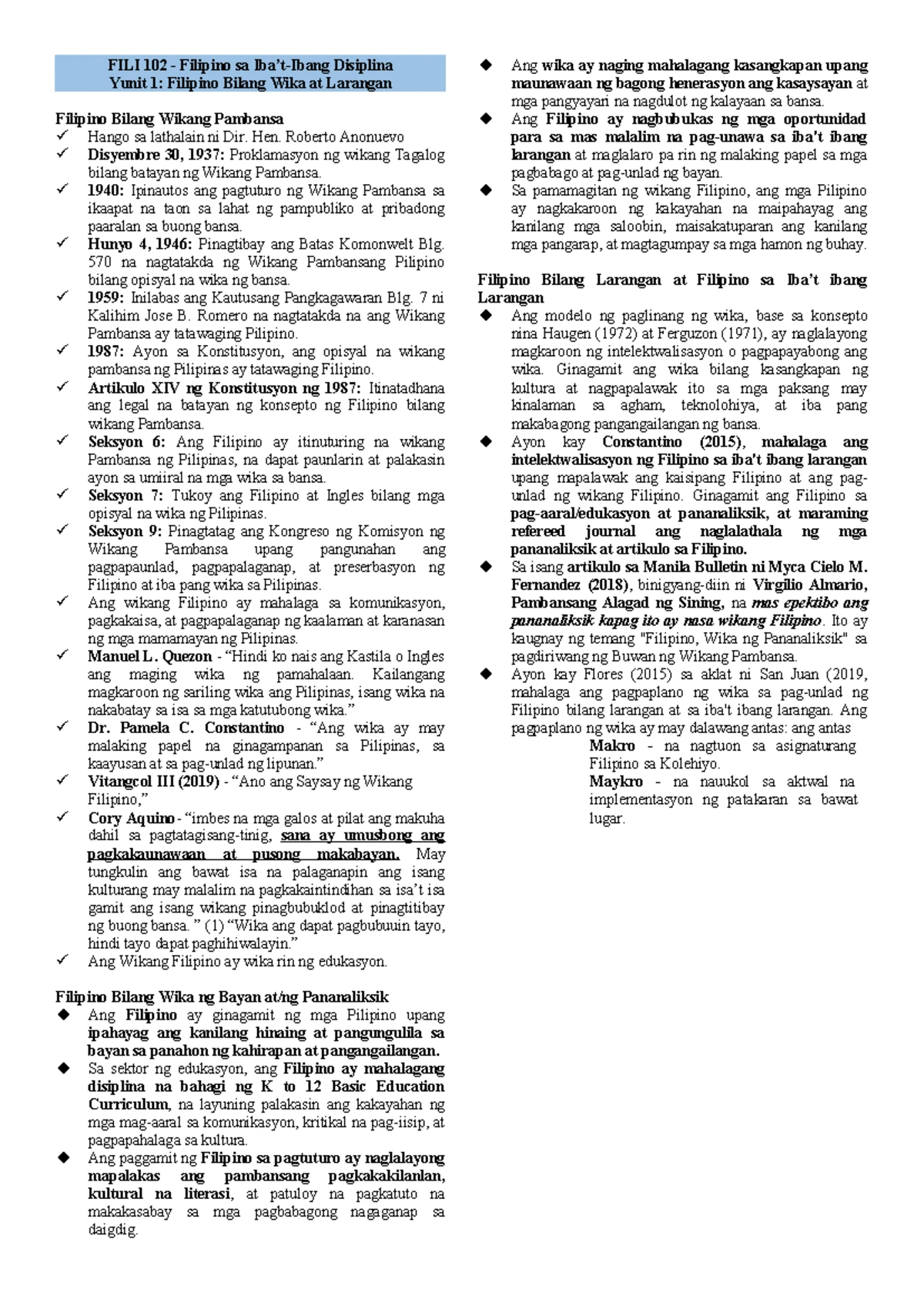 FILI 102 Comprehensive Reviewer on Filipino Language and Culture - Studocu