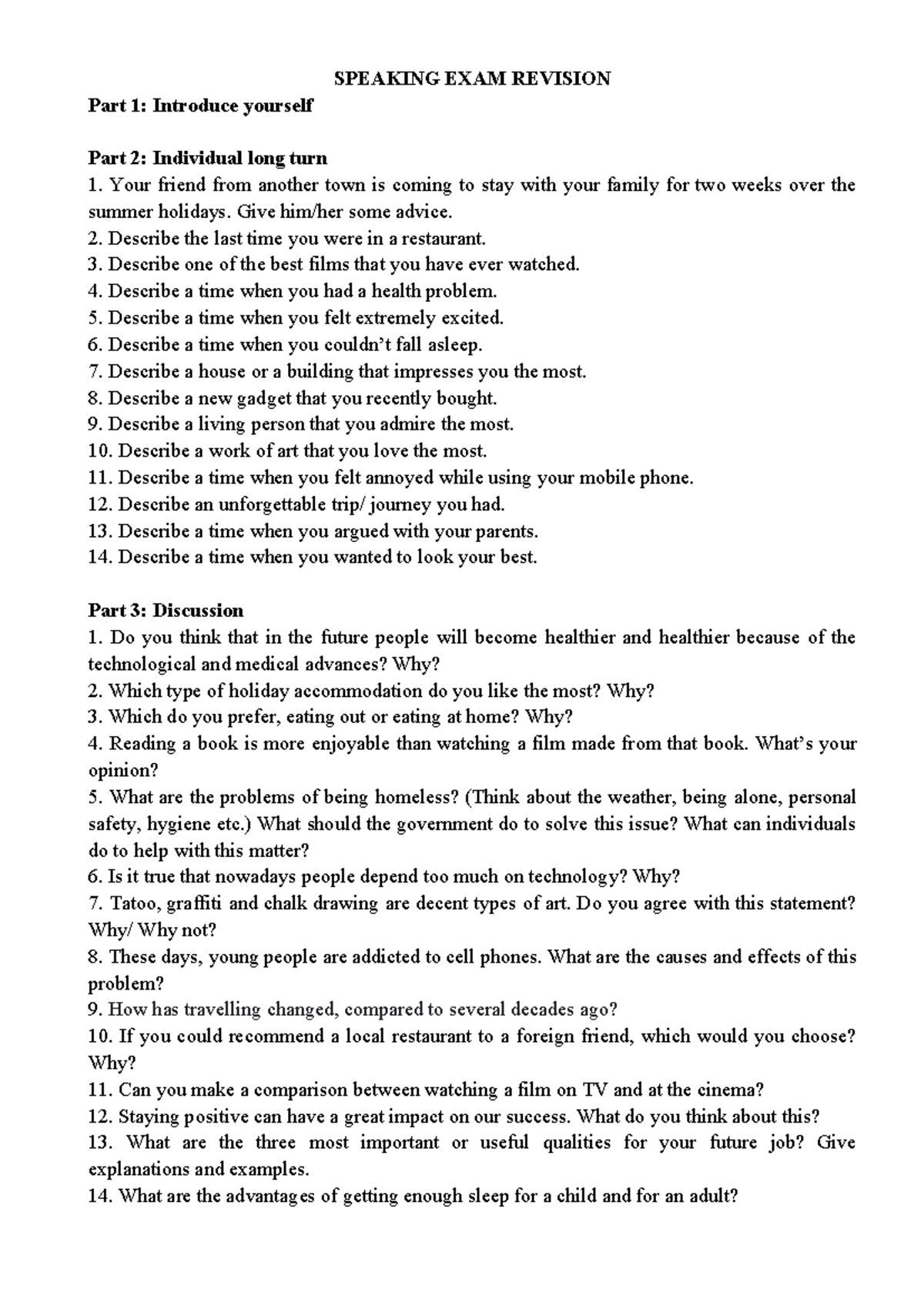 SPEAKING EXAM REVISION: Key Topics & Discussion Points - Studocu