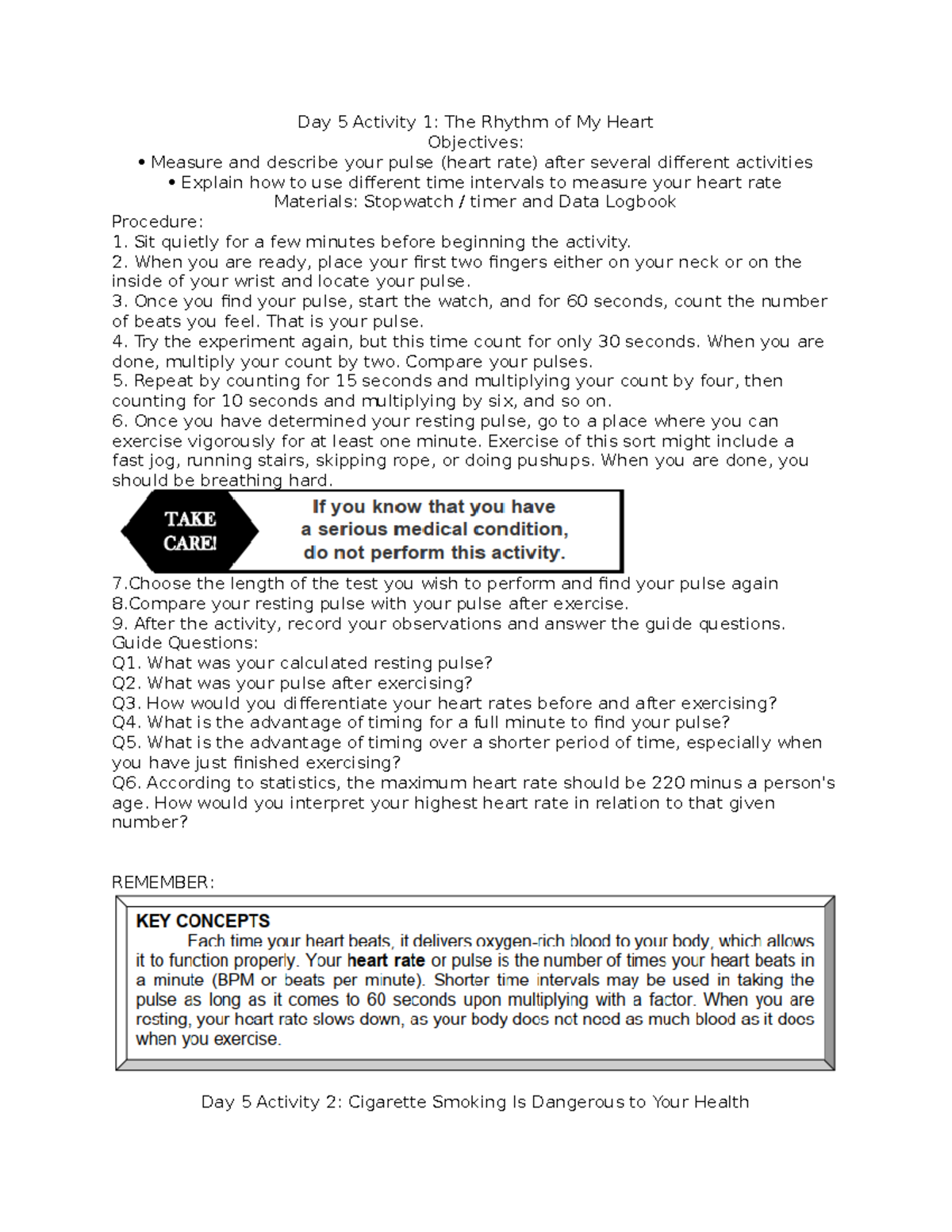 Science 9 1W2,D5 - Heart Rate and Effects of Smoking Activity Sheets ...