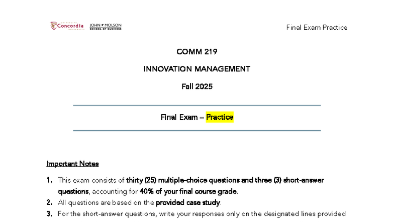 Final Exam Practice COMM 219 INNOVATION MANAGEMENT F2025 - Studocu