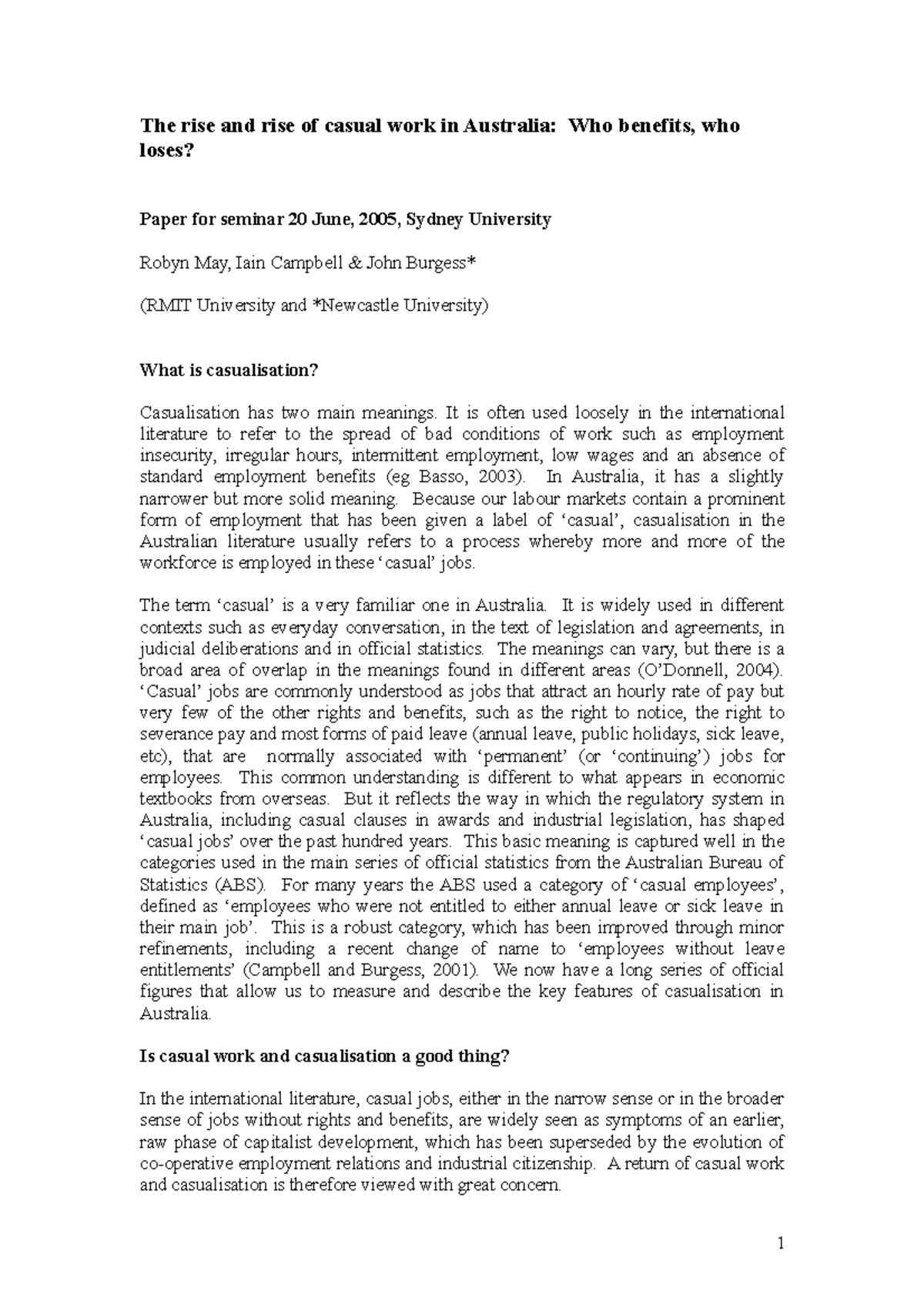Casualisation in Australia: Impacts and Implications (2005 Seminar ...