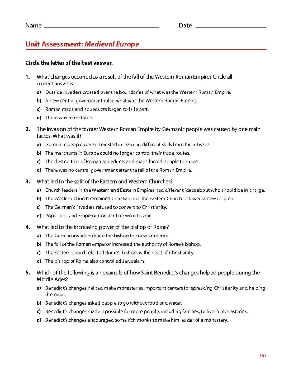Medieval Europe Unit Assessment: Key Concepts and Questions - Studocu