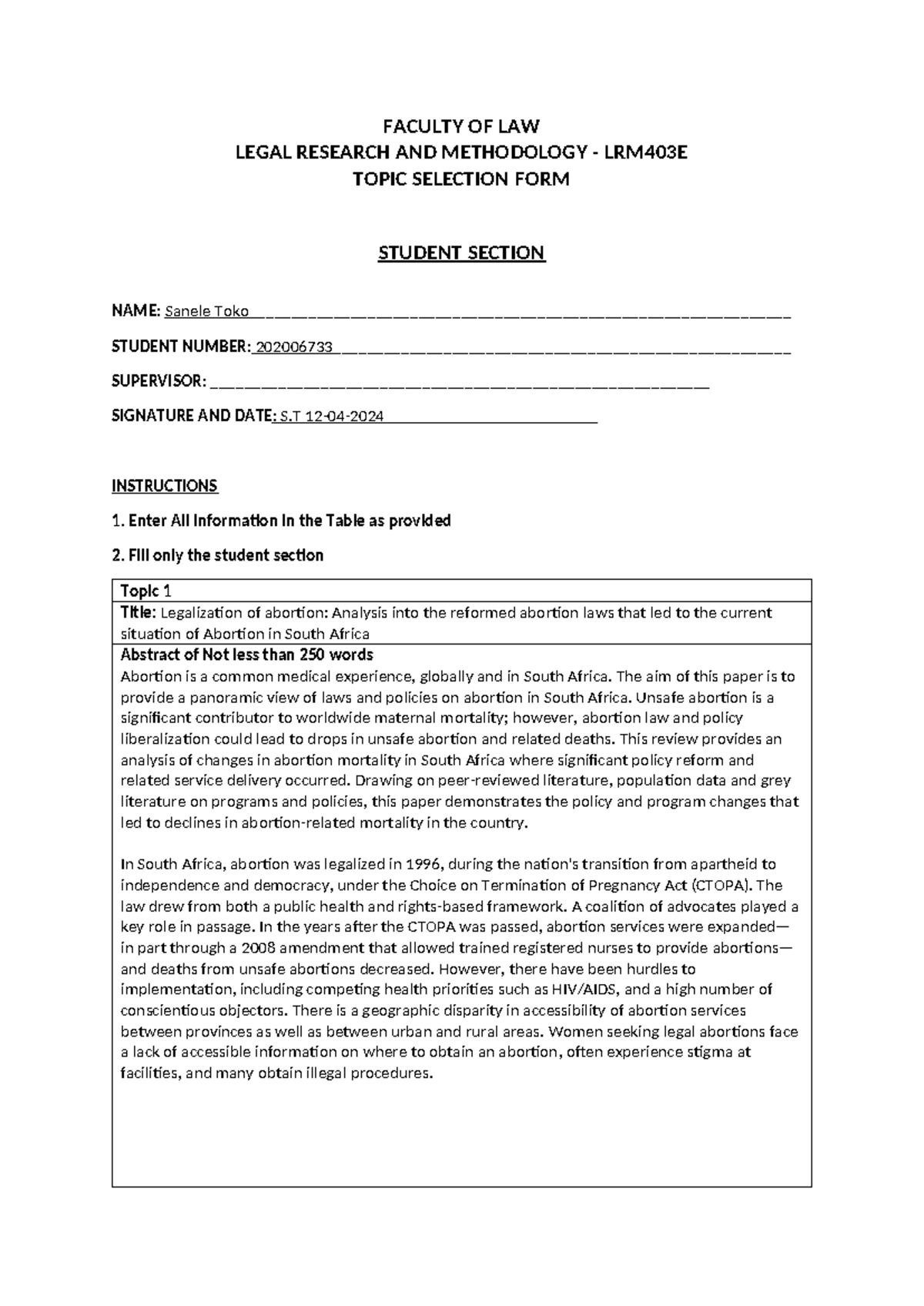 LRM403E Topic Selection Form: Legal Research and Methodology - Studocu