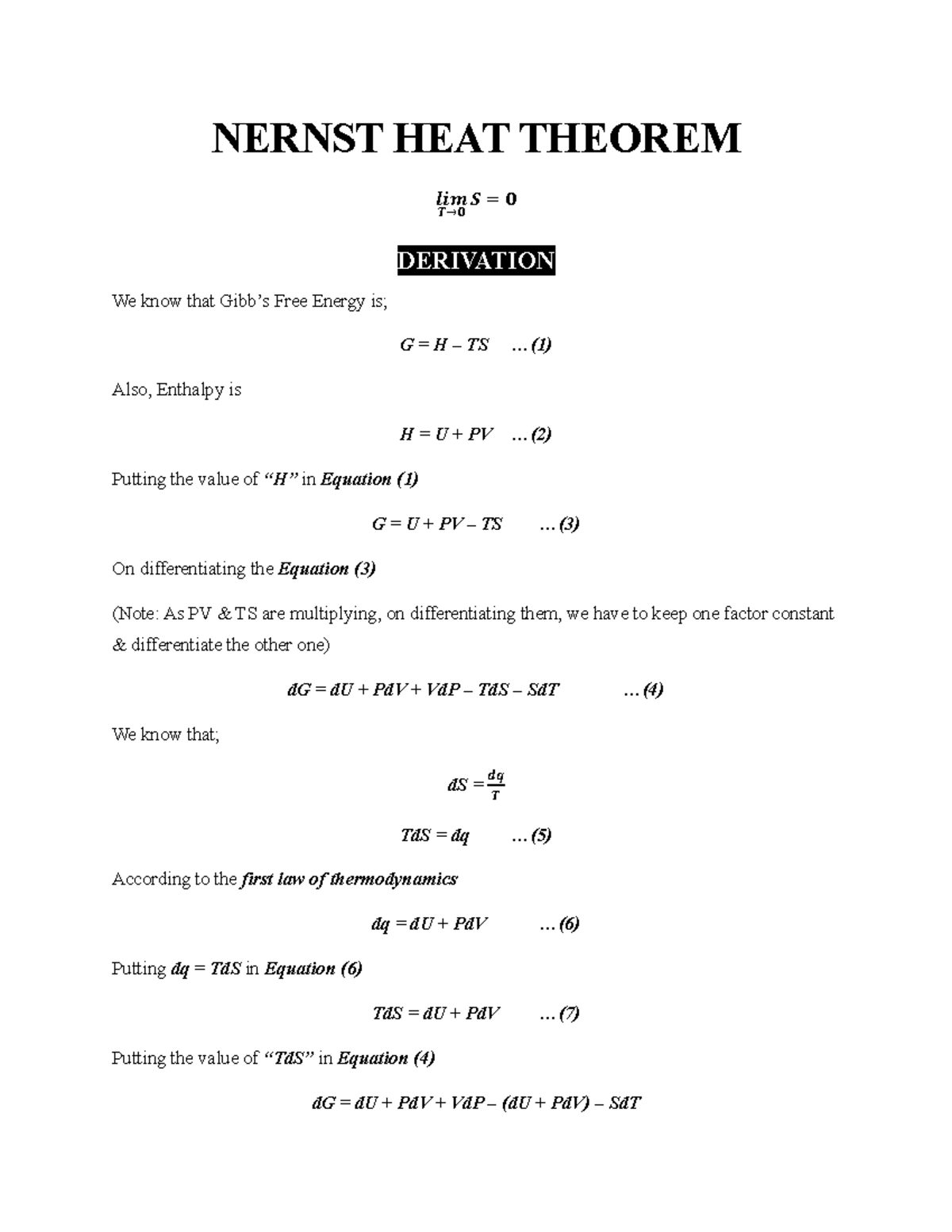 CHEM-506 Nernst Heat Theorem Derivation and Analysis - Studocu