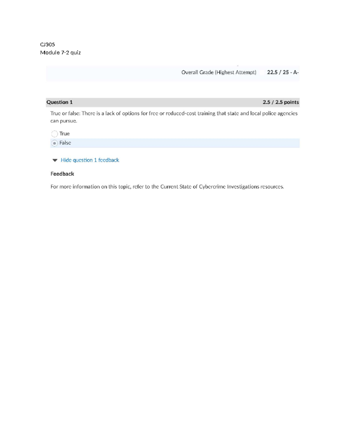 CJ305 Module 7-2 Quiz: Cybercrime Investigations Overview and Questions ...