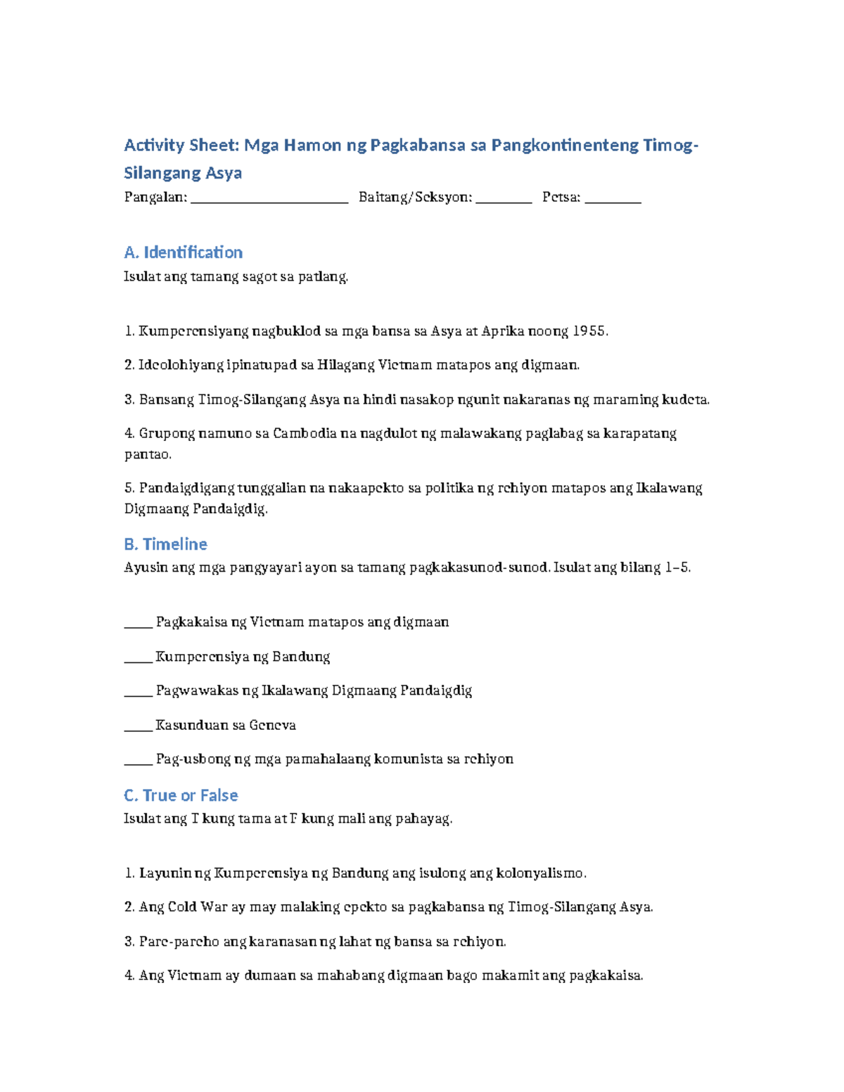 AP Activity Sheet: Mga Hamon ng Pagkabansa sa Timog-Silangang Asya ...