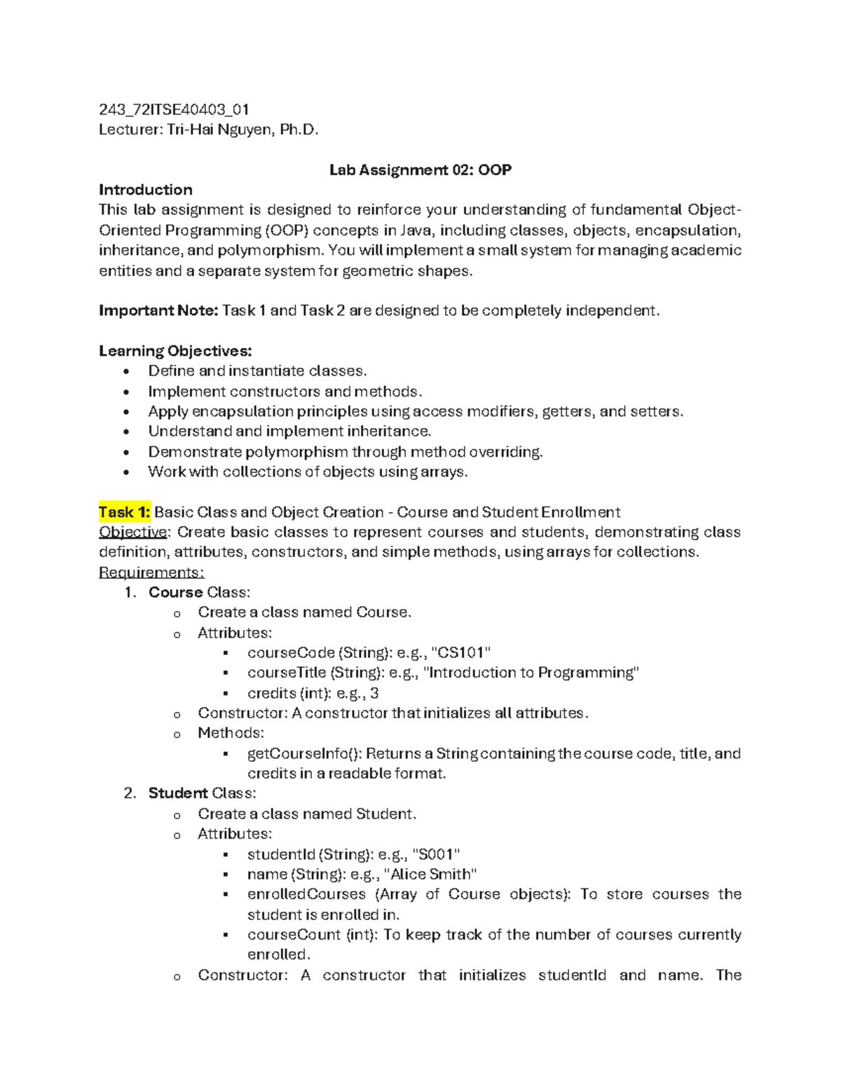 243_72ITSE40403_01 Lab Assignment 02: OOP Concepts in Java - Studocu