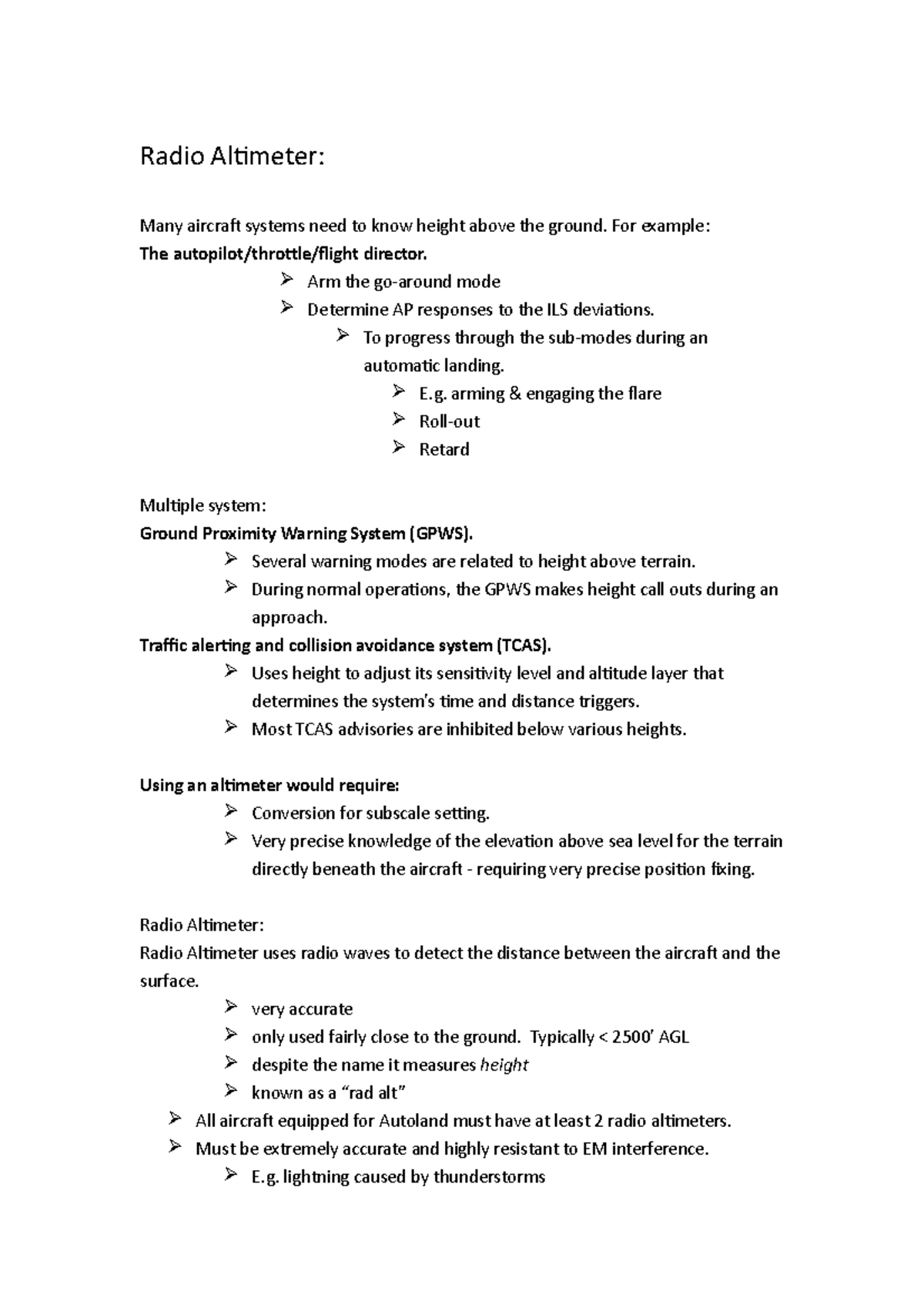 Radio Altimeter Notes for Aviation Systems and Operations - Studocu