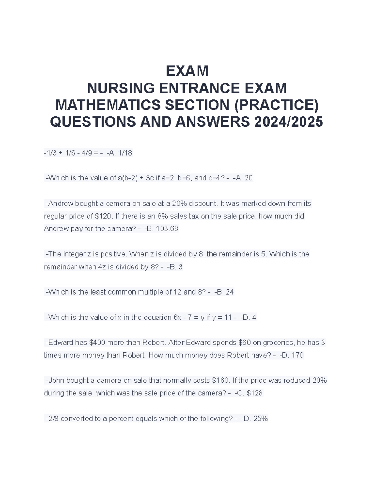 EXAM4 - Science - EXAM NURSING ENTRANCE EXAM MATHEMATICS SECTION ...