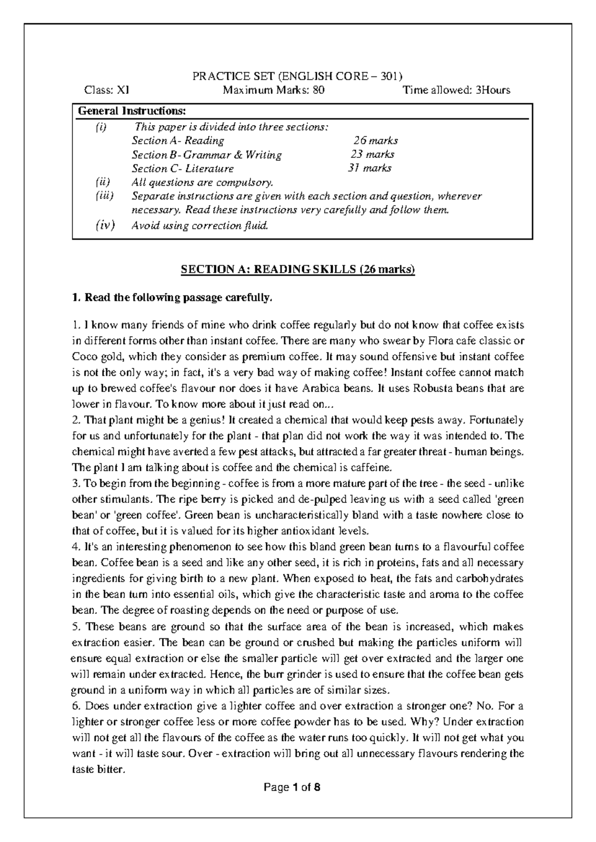 Practice Set for Class XI English Core 301: Comprehensive Exam ...