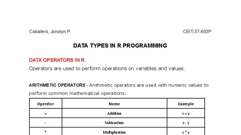 Data Types and Operators in R Programming - CS101 Lecture Notes - Studocu
