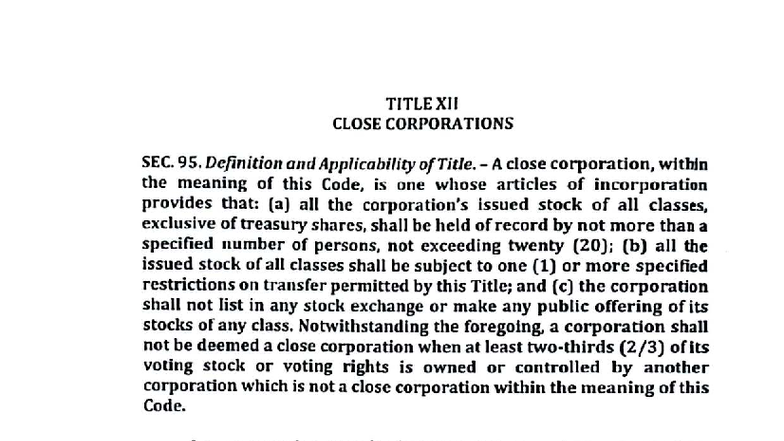 TITLE XII CLOSE CORPORATIONS: Definition, Applicability, and Key ...