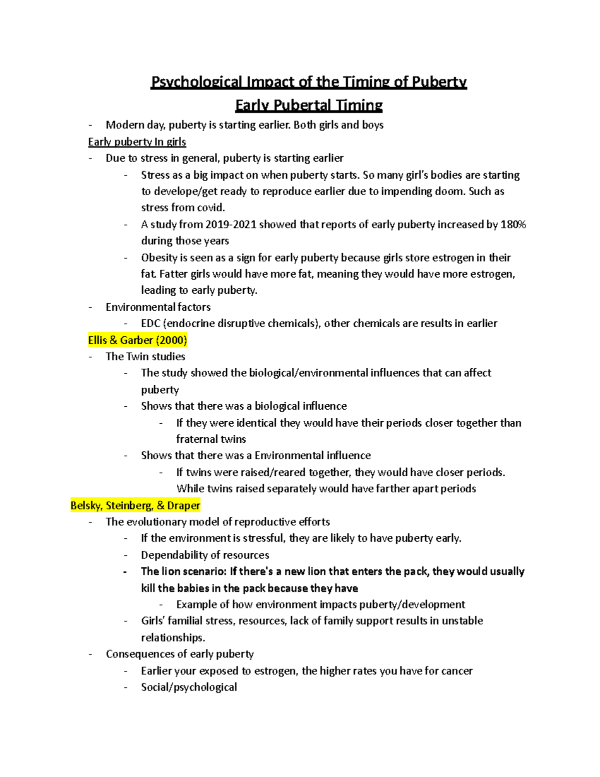DEV Psych Final Exam Study Guide: Early Puberty & Adolescent ...