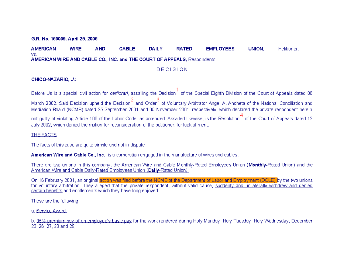 G.R. No. 155059: American Wire & Cable Union vs. Company Decision (2005 ...