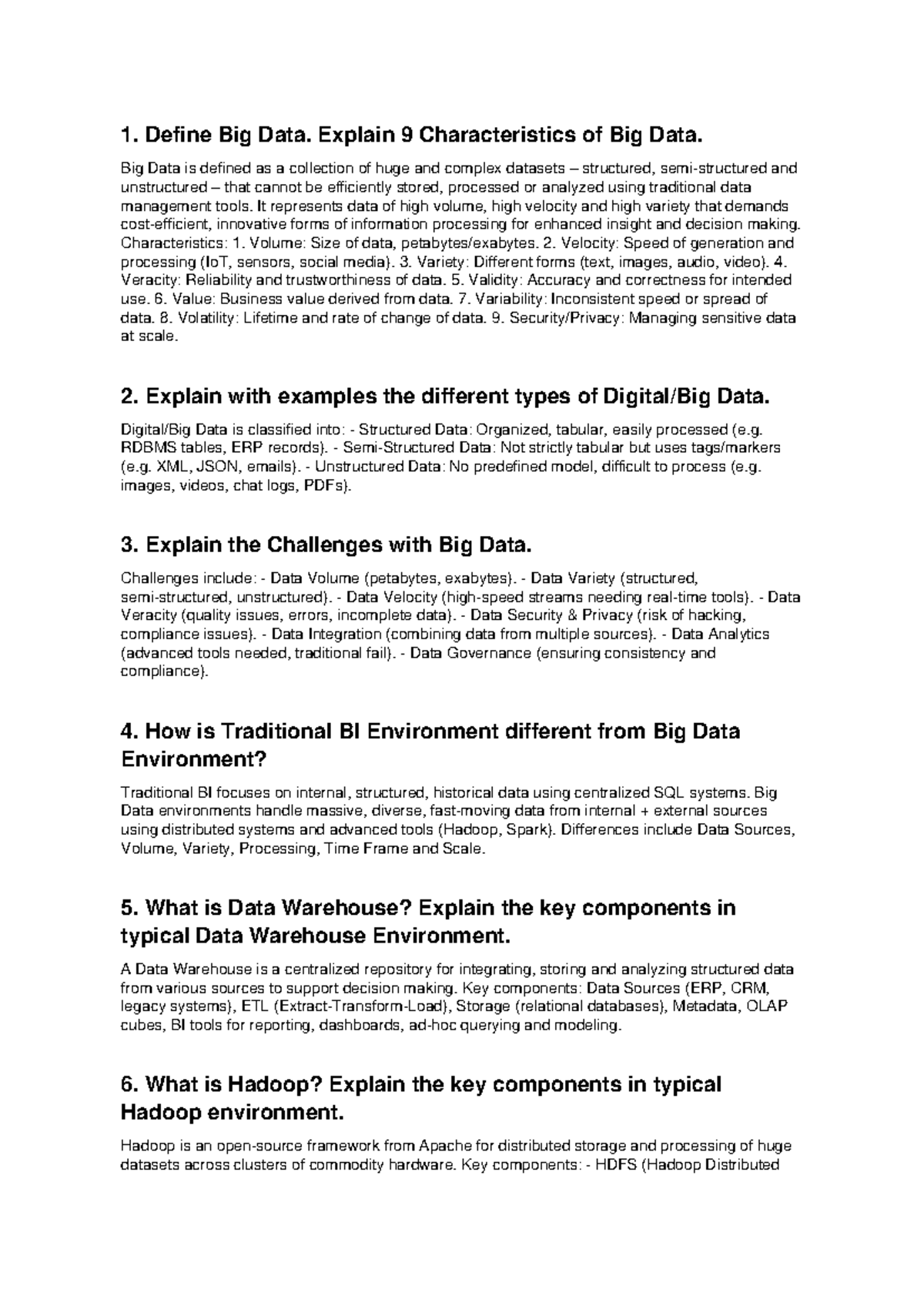 BDA 101 Final Exam: Big Data Concepts & Characteristics Explained - Studocu