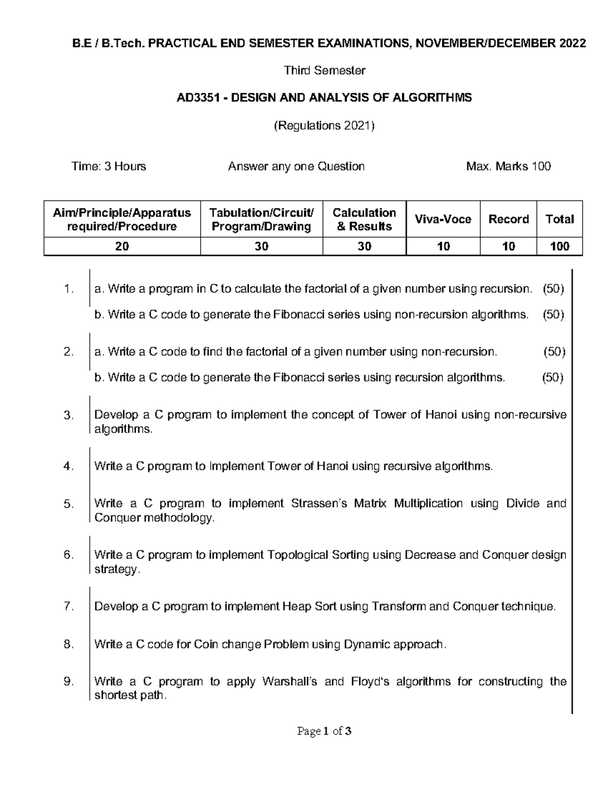 AD3351 SET1 - Practical Question Set - Page 1 of 3 B / B. PRACTICAL END ...
