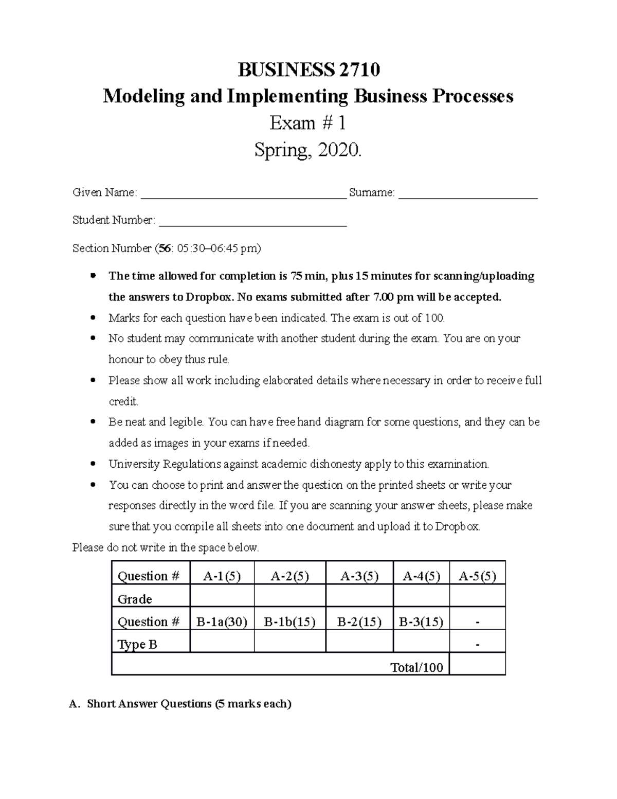 2020 Spring BPM 2720 Exam 1 - BUSINESS 2710 Modeling and Implementing ...
