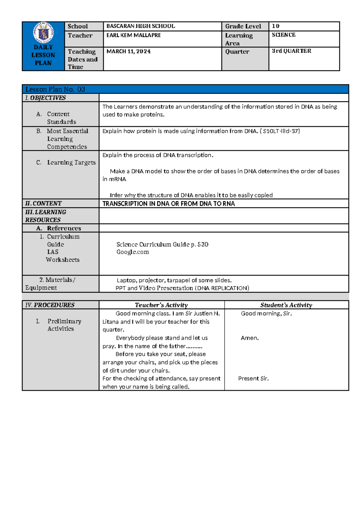 DNA Transcription Lesson Plan – LP 062443 for Grade 10 Science - Studocu
