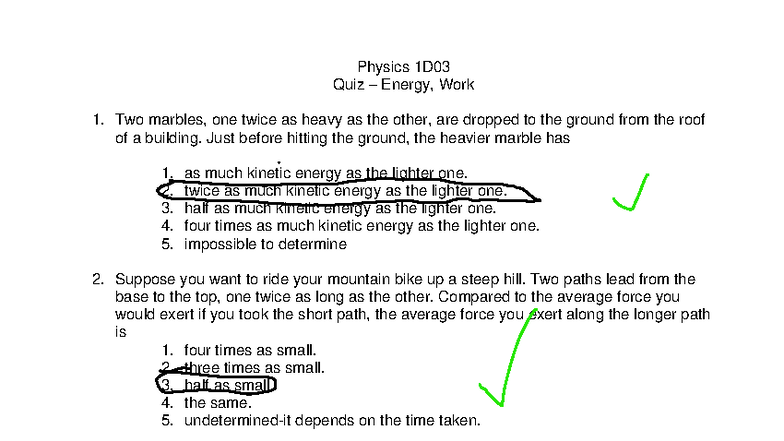 Physics 1D03 Quiz: Energy and Work Practice Questions - Studocu