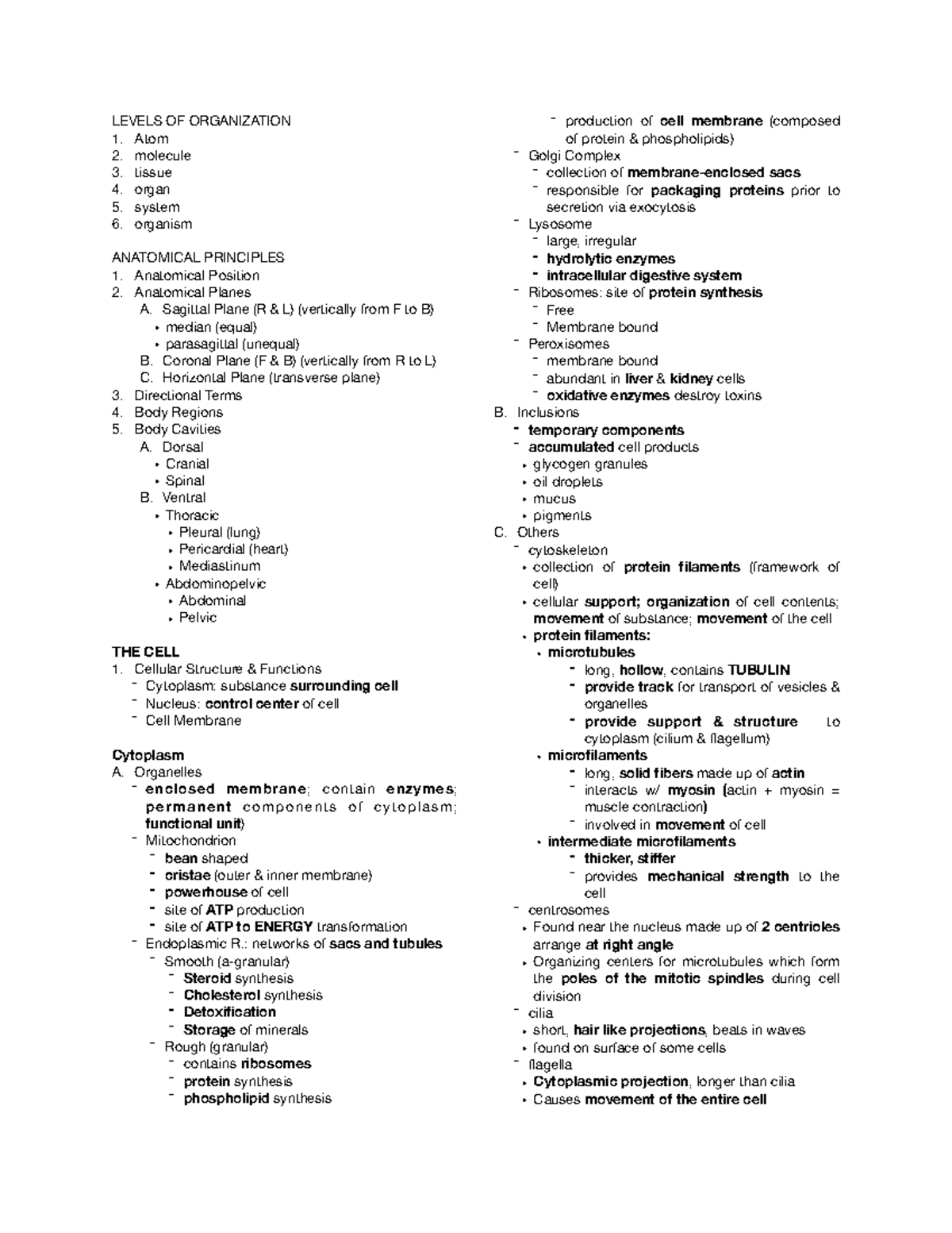 1 ANAPHY 101 - Cell Structure and Function Summary - Studocu