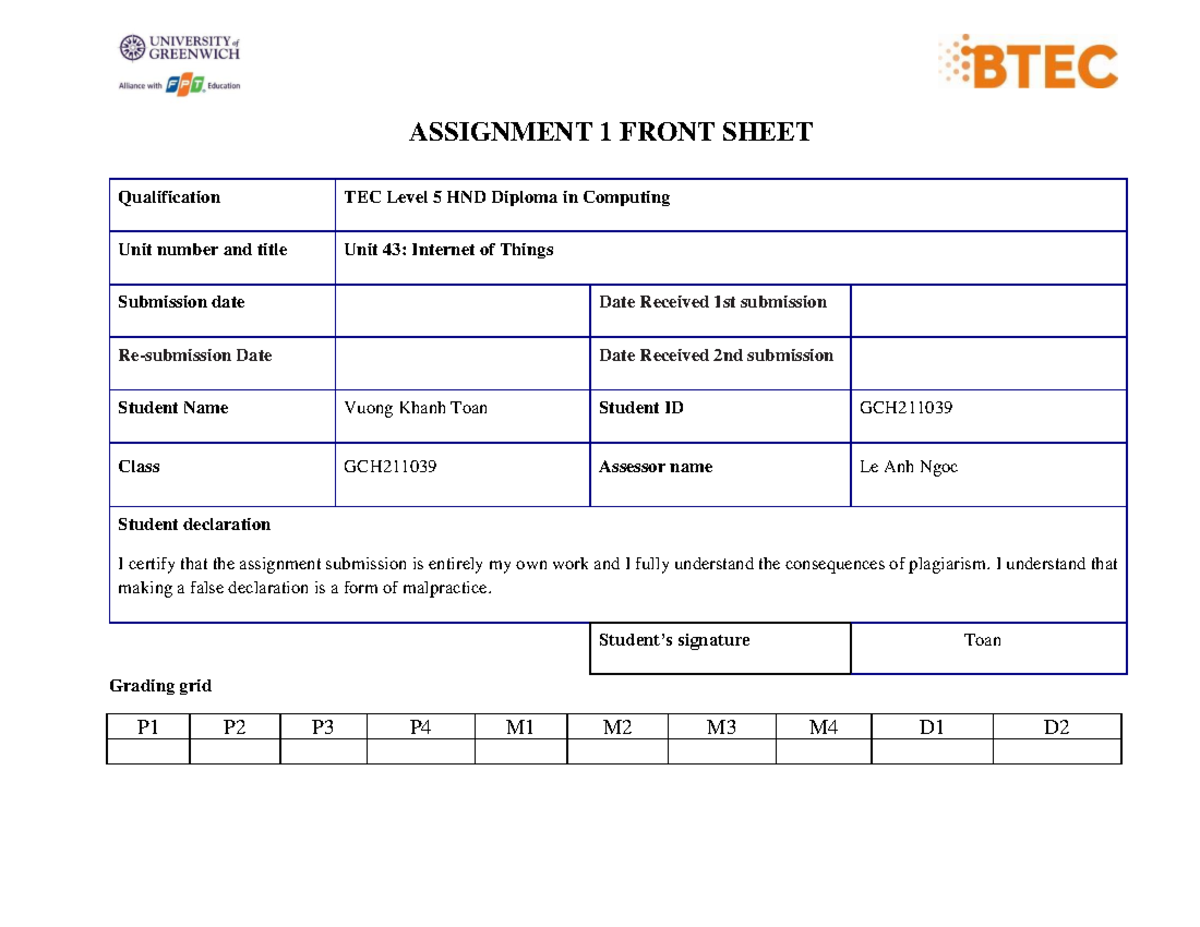 1 43-Io T.Assignment 1 frontsheet 2021 - ASSIGNMENT 1 FRONT SHEET Qualification TEC Level 5 HND ...