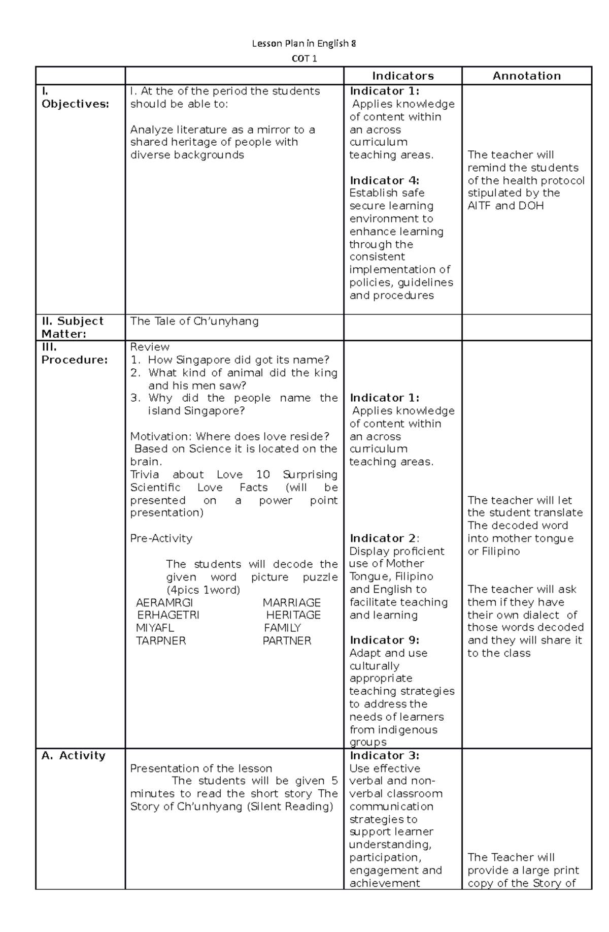 New Lesson Plan: English 8 COT 1 on Korean Heritage Literature - Studocu
