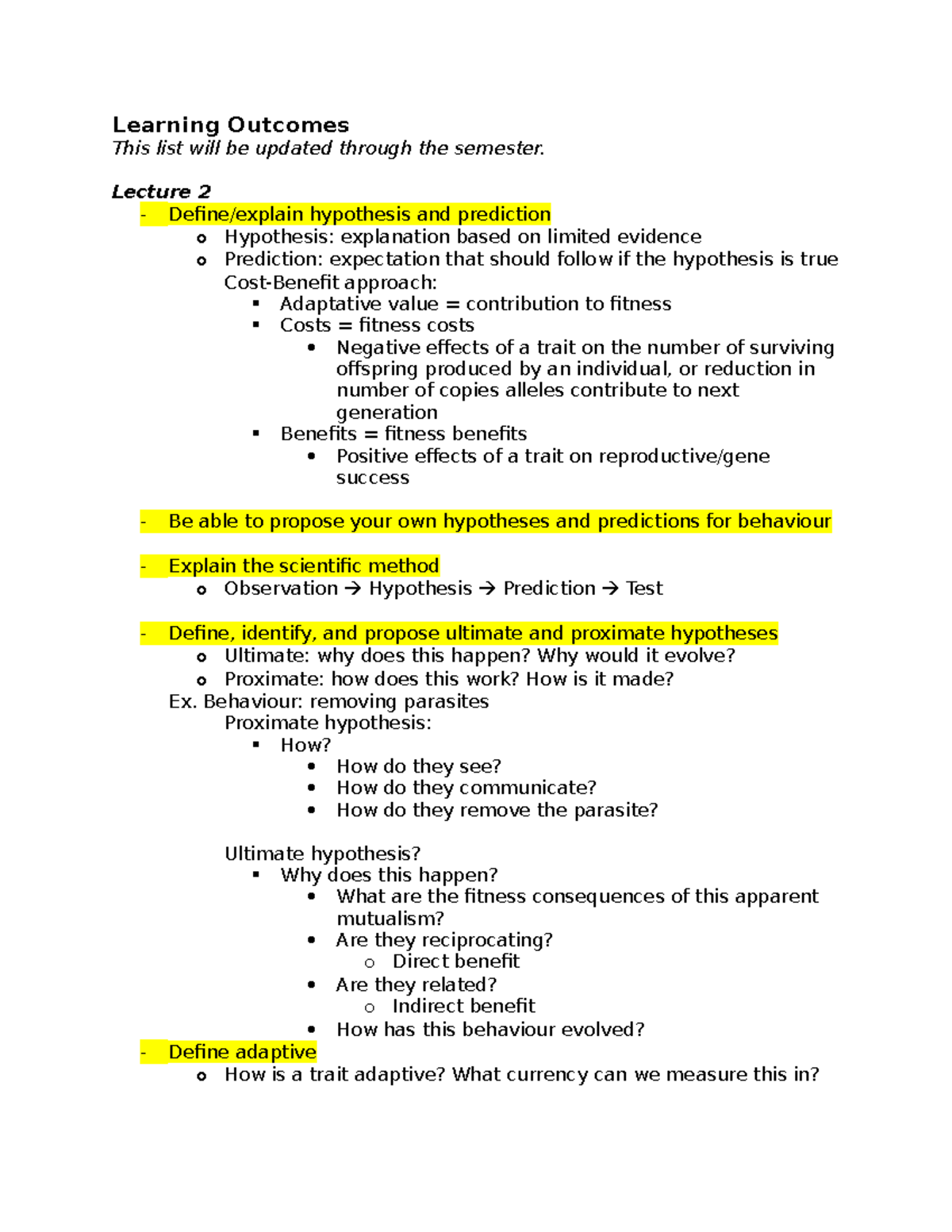 Learning Outcomes for L2-21: Hypotheses, Adaptive Traits, and ...