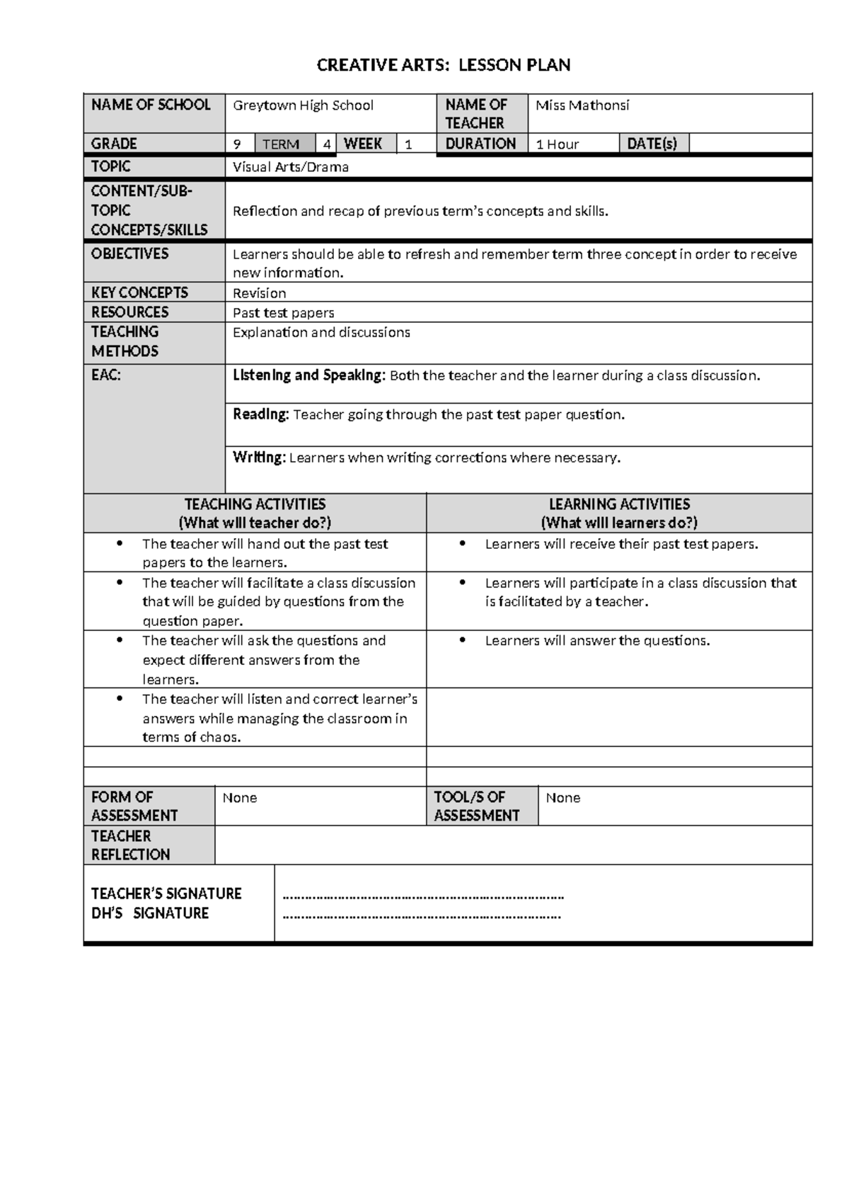 Grade 9 Creative Arts Lesson Plan: Visual Arts/Drama Overview - Studocu