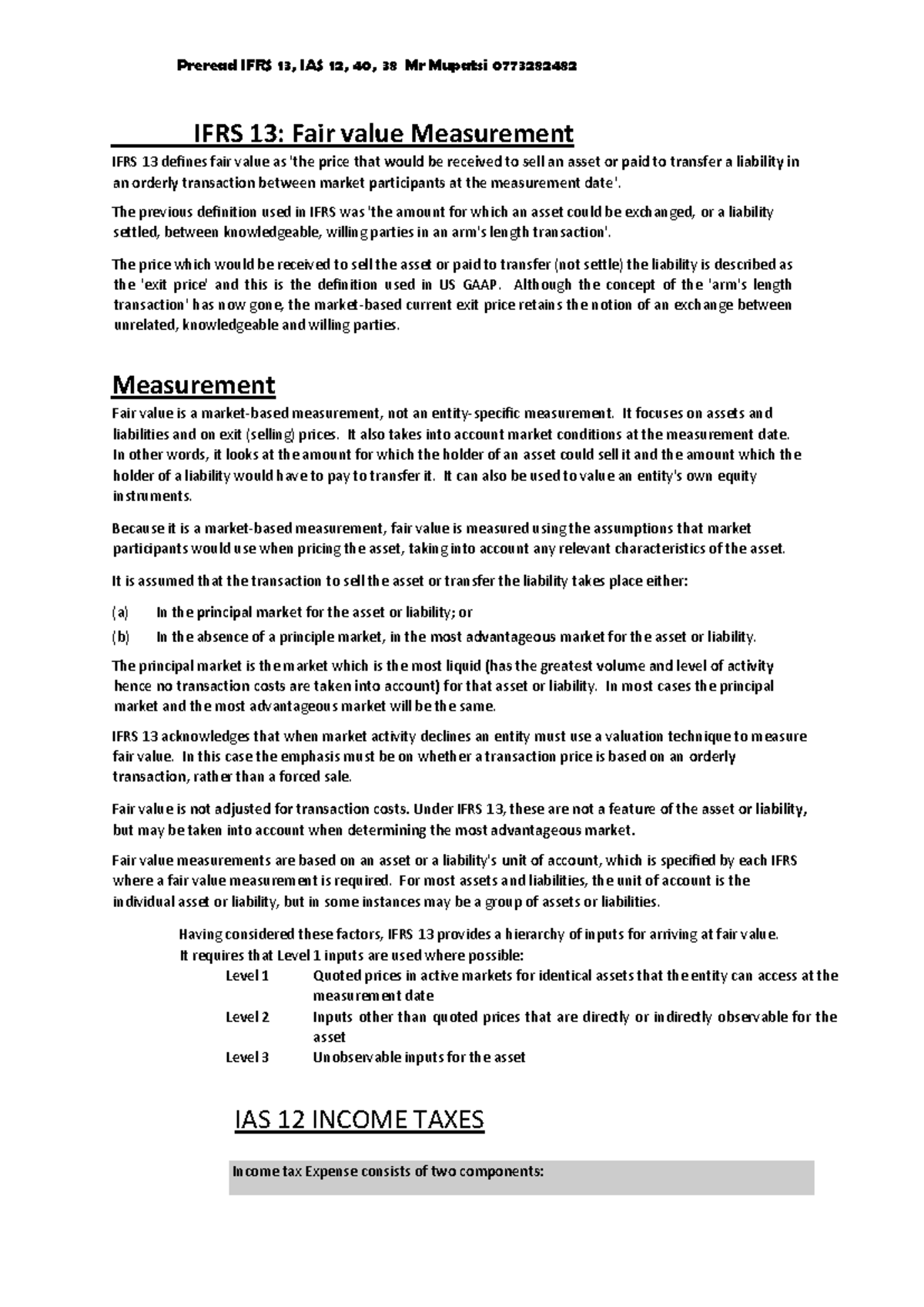 FR Lecture 4 , IFRS 13, IAS 12, 40,38 - IFRS 13: Fair value Measurement ...