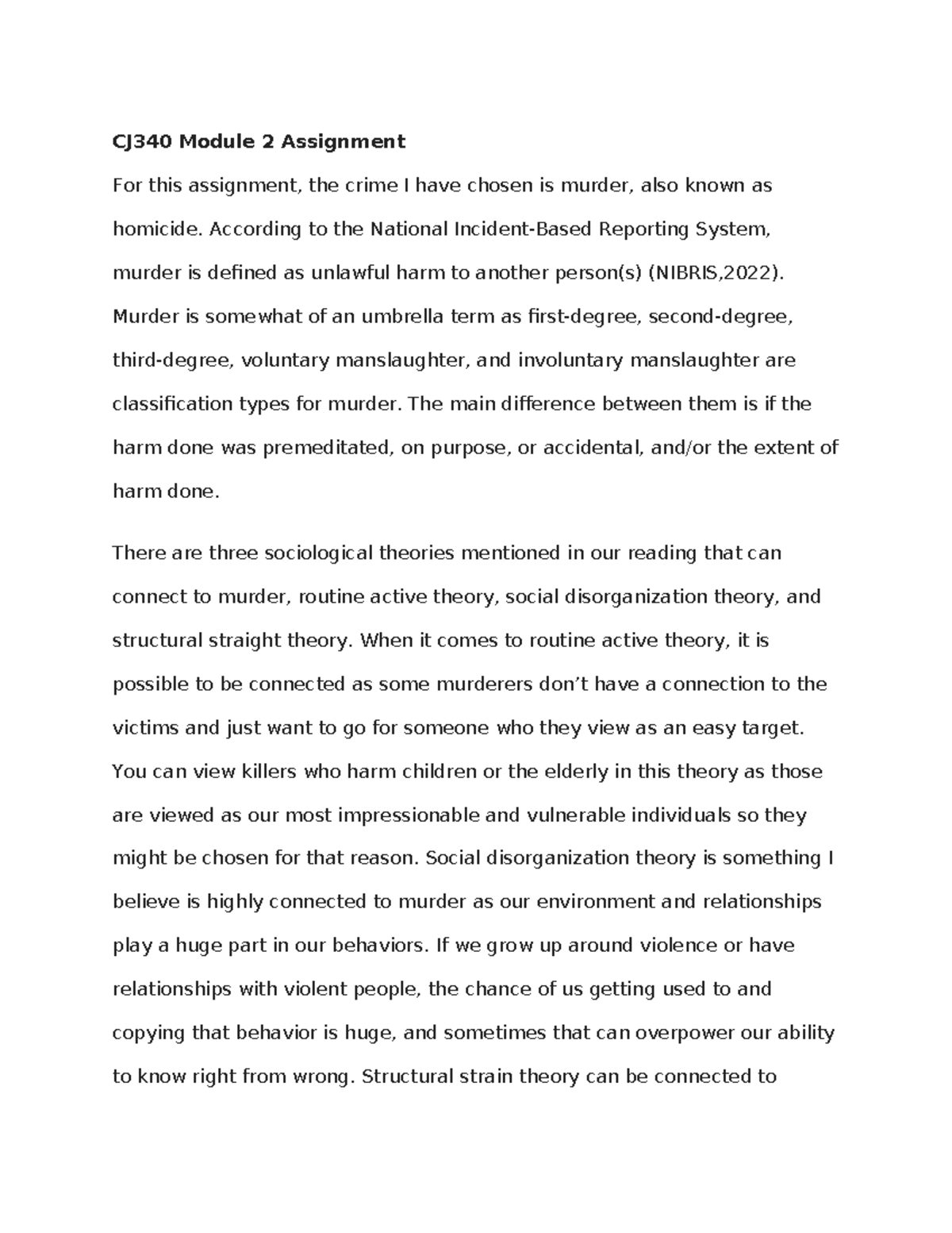 CJ 340 Module 2 Assignment: Exploring Theories of Murder - Studocu