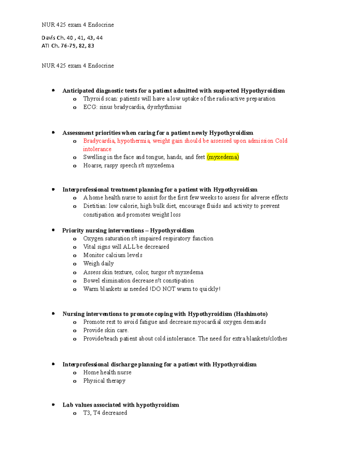NUR 425 Exam 4 Study Guide: Endocrine Disorders Overview - Studocu