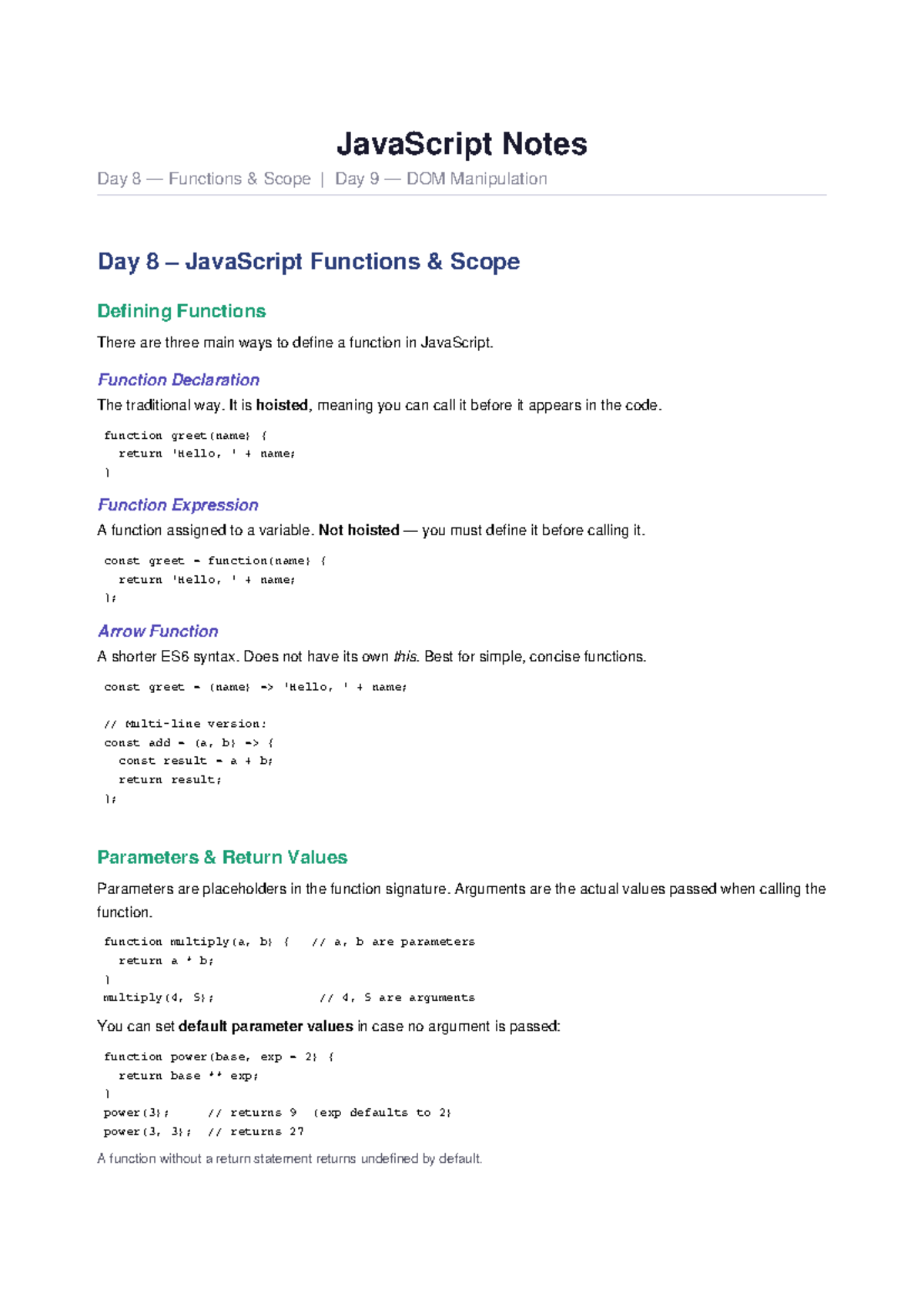 JavaScript Notes: Functions, Scope, and DOM Manipulation - Studocu