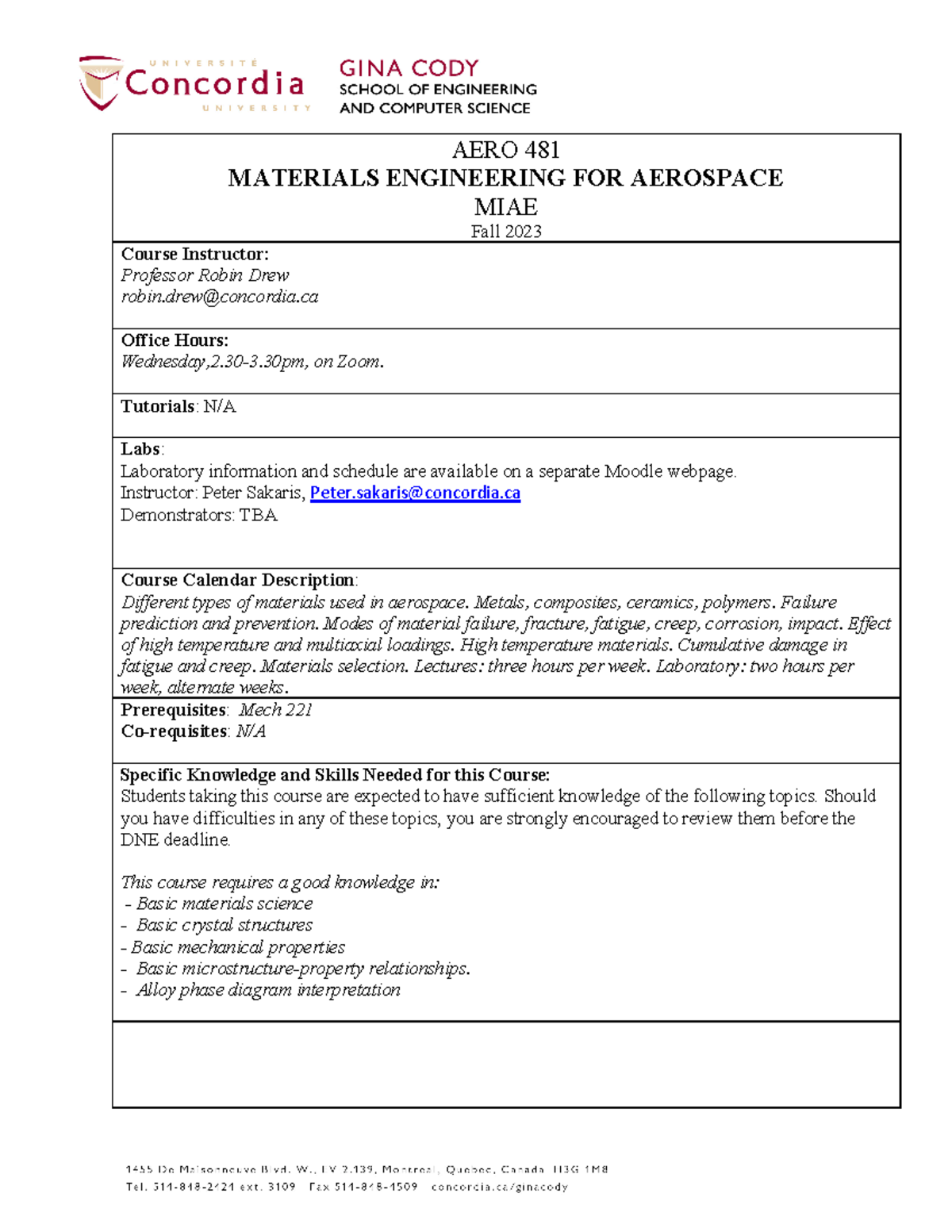 AERO 481 Course Outline: Materials Engineering for Aerospace Fall 2023 ...